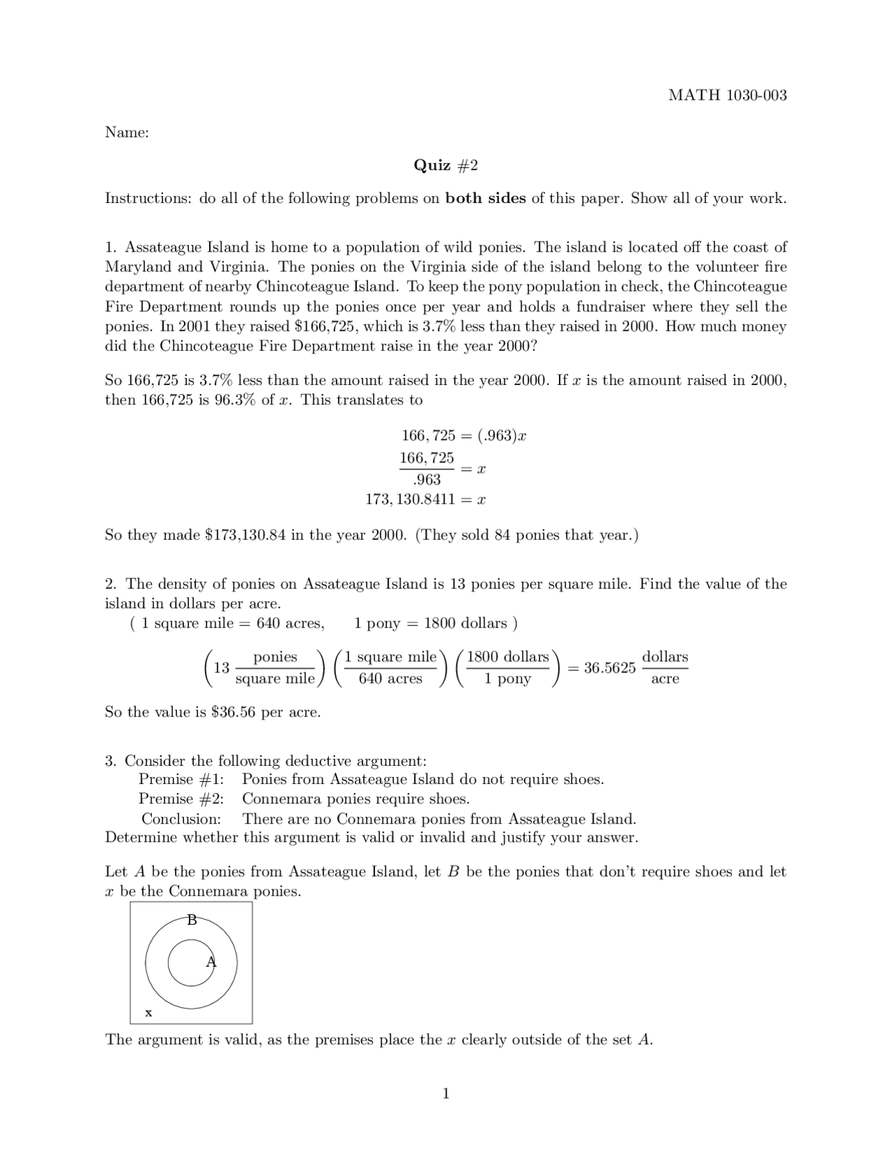 Solved Quiz 2 For Introduction To Quantitative Reasoning Math 1030