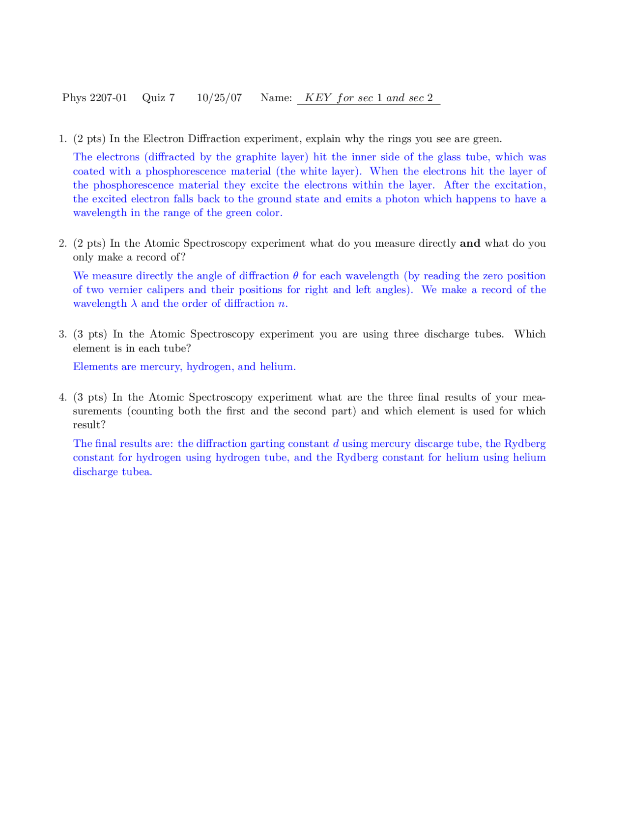 Atomic Spectroscopy And Electron Diffraction Experiment Quiz 7 Answer