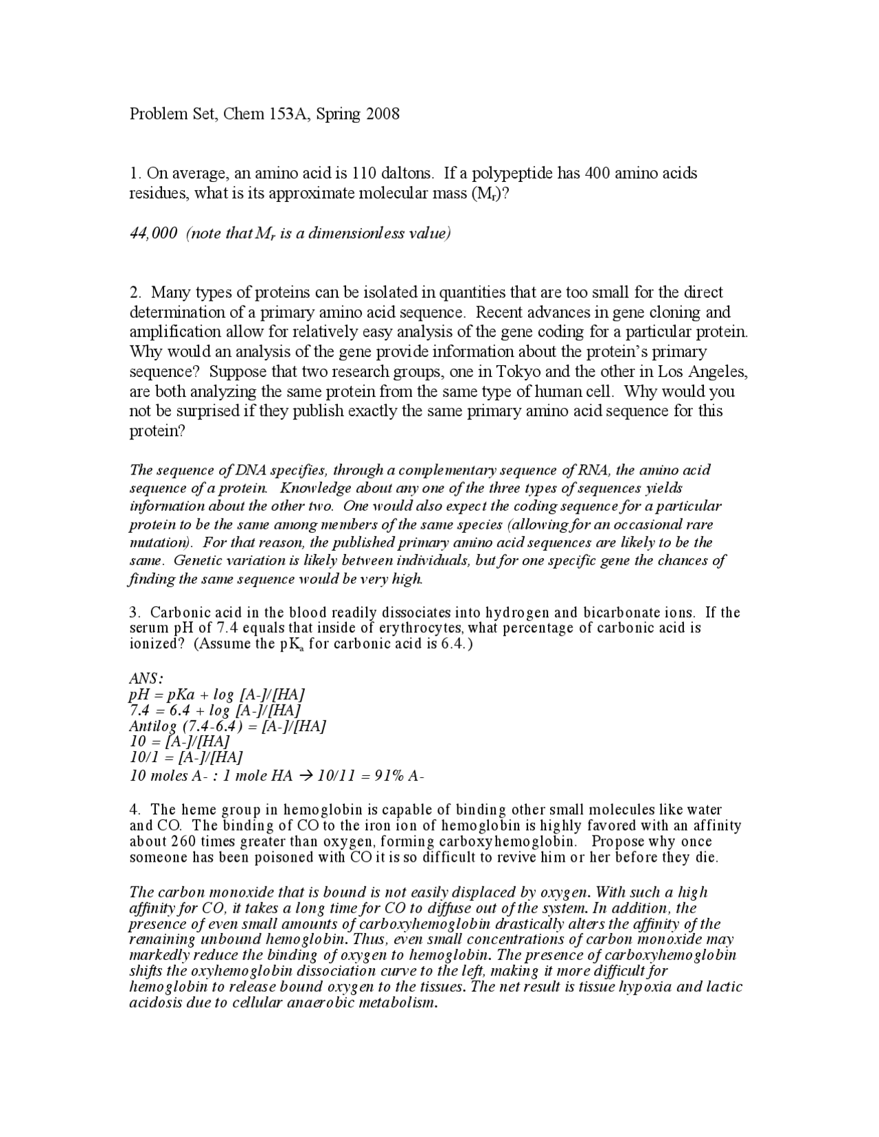Problem Set With Answers Biochemistry Structure Enzymes And