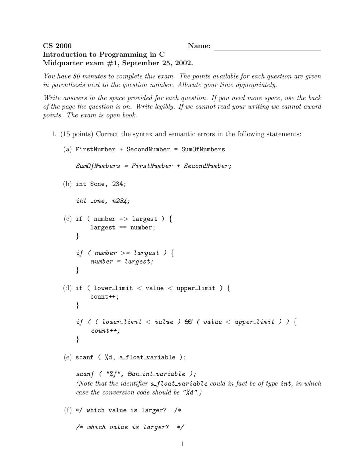 Midquarter Exam 1 with Solution - Programming Design C | CS 2000 - Docsity