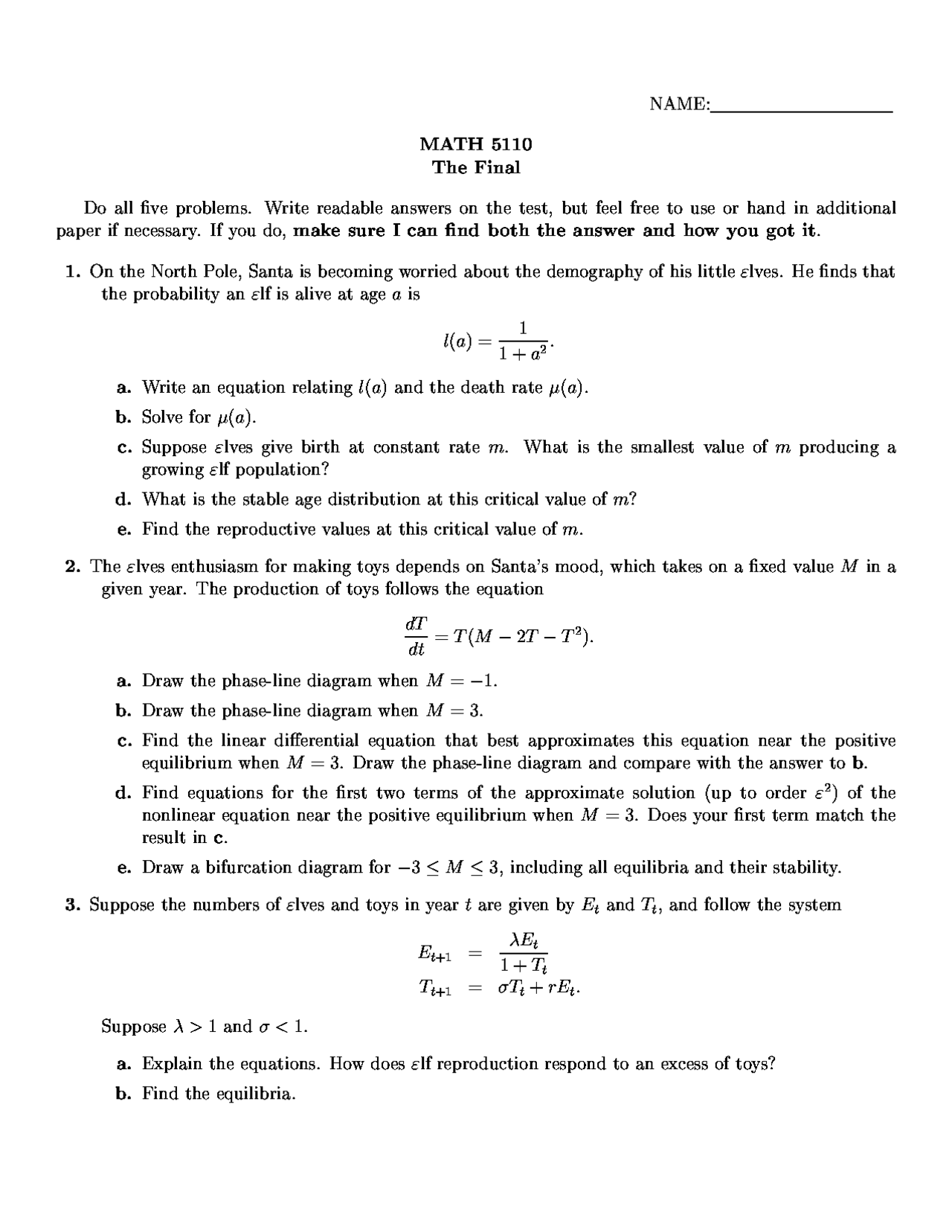 Final Exam For Mathematical Biology I Math 5110 Docsity
