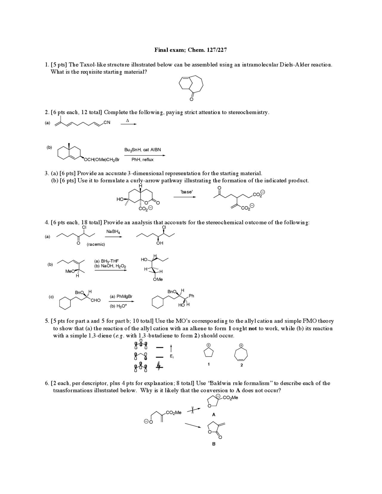 Unsolved Final Exam Structure Reaction Organic Chemistry Chem 127
