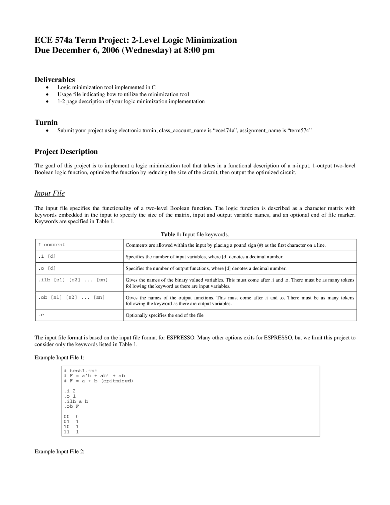 Term Project 2 Level Logic Minimization Ece 574a Docsity