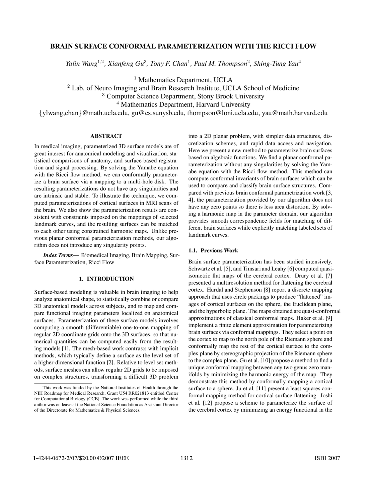 Brain Surface Conformal Parameterization With The Ricci Flow Math
