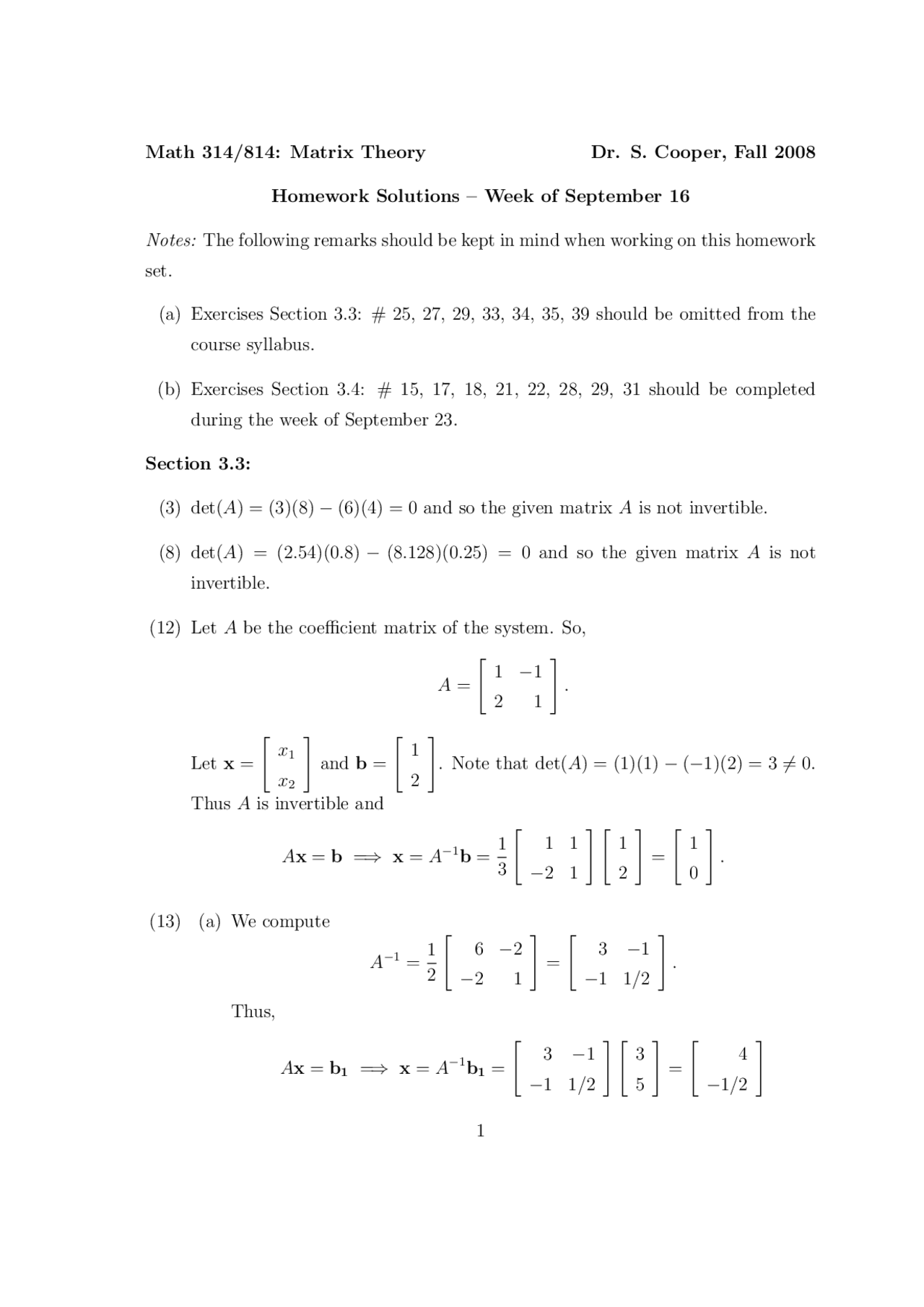 Matrix Theory Homework With Solutions Applied Linear Algebra Math