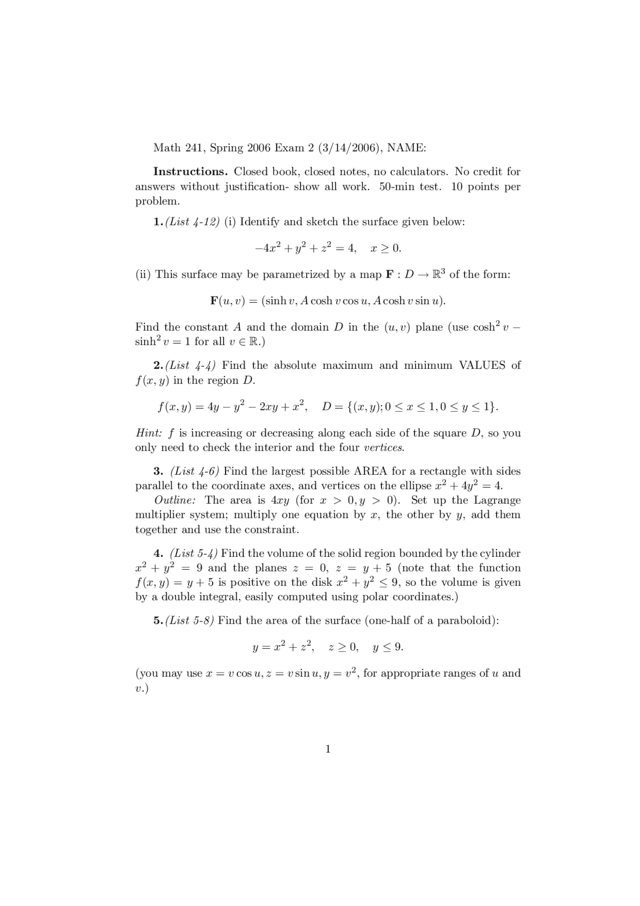 Spring 2006 Math 241 Exam: Surface Identification & Calculus | Exams ...