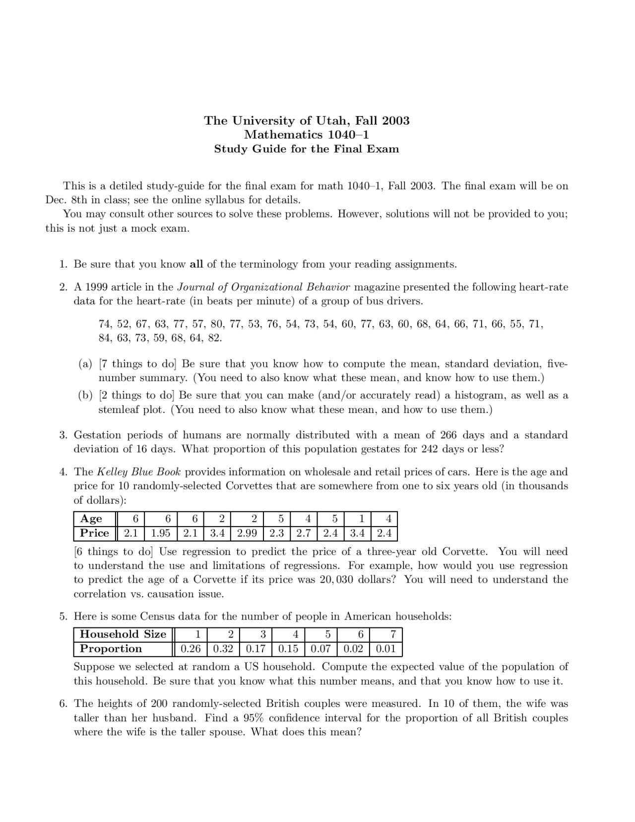 Math 1040-1, Fall 2003 Final Exam Study Guide | Exams Mathematics | Docsity