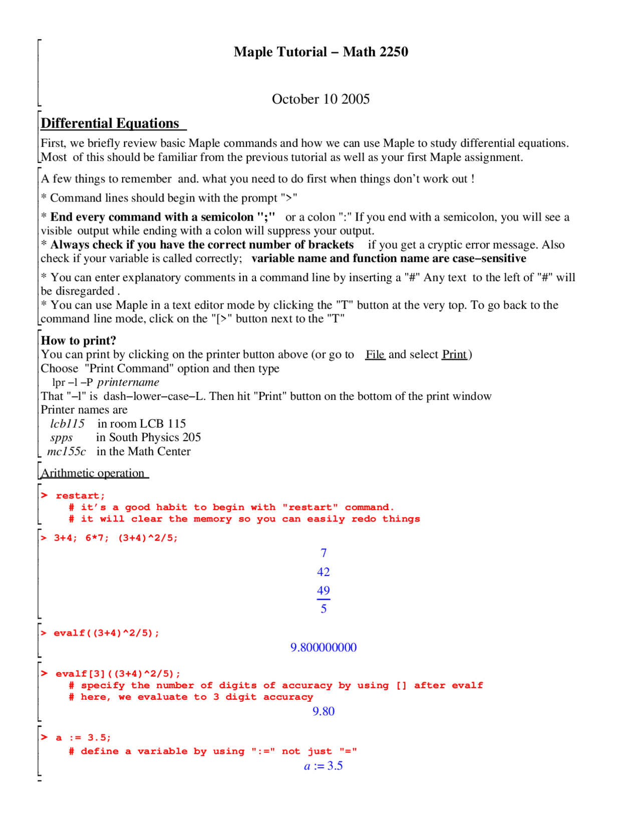 Linear Algebra And Differential Equations Maple Tutorial Math 2250