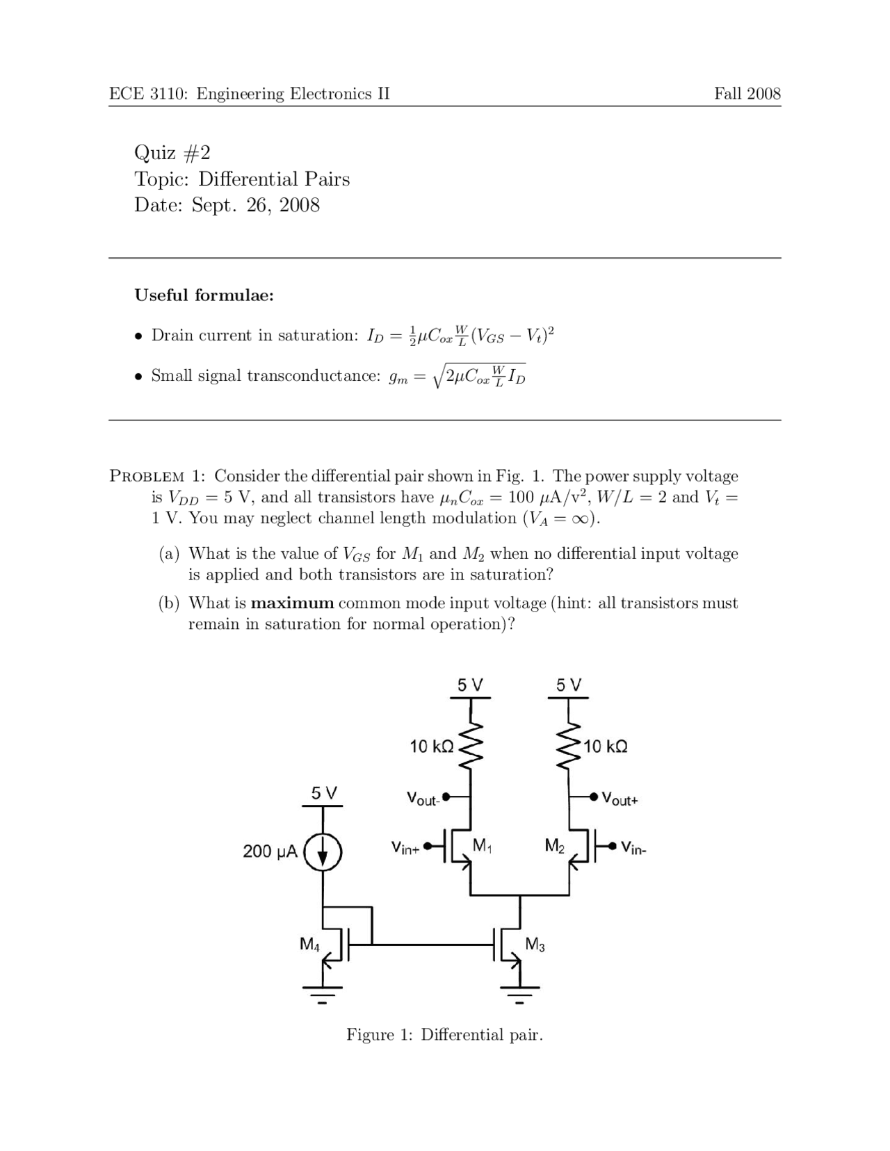 Differential Pairs Engineer Electronics Ii Quiz 2 Ece 3110 Docsity