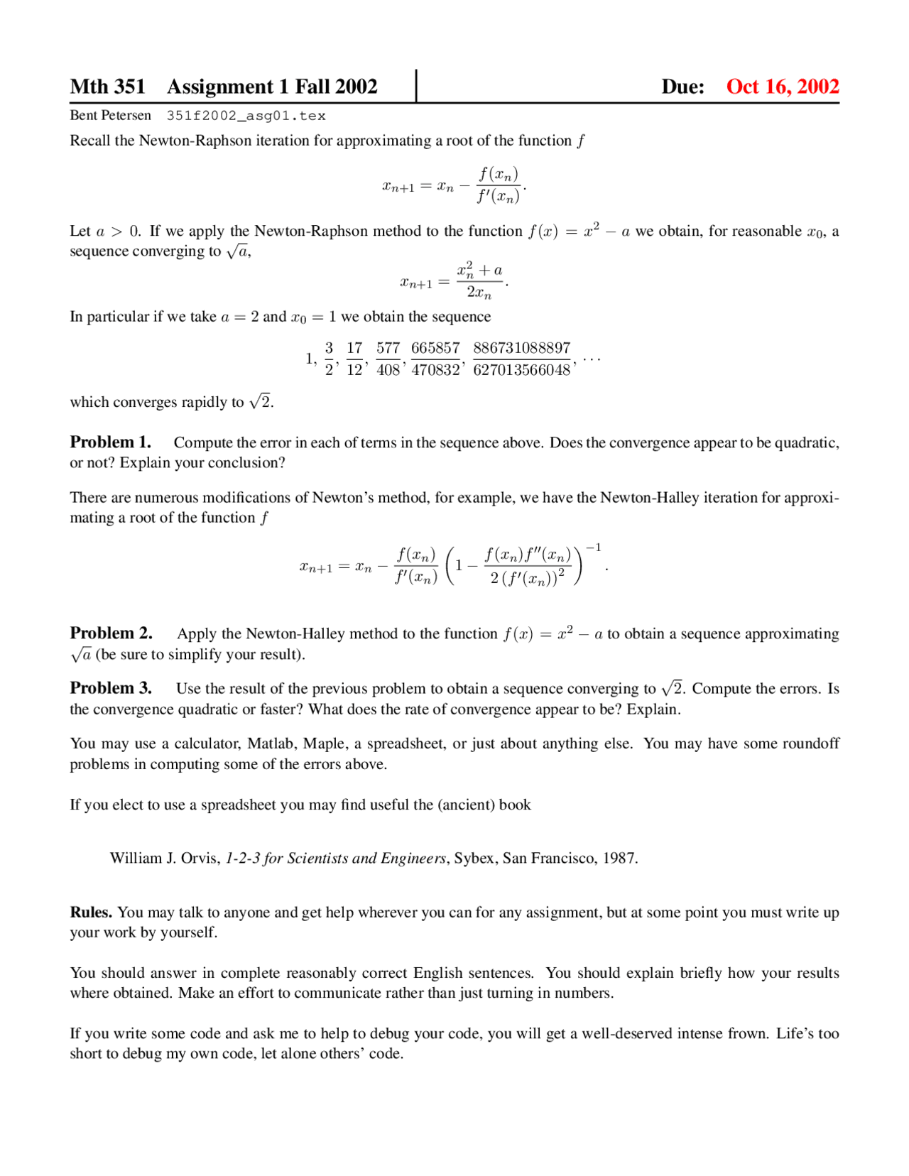 Introduction To Numerical Analysis Assignment 1 Fall 2002 Mth 351