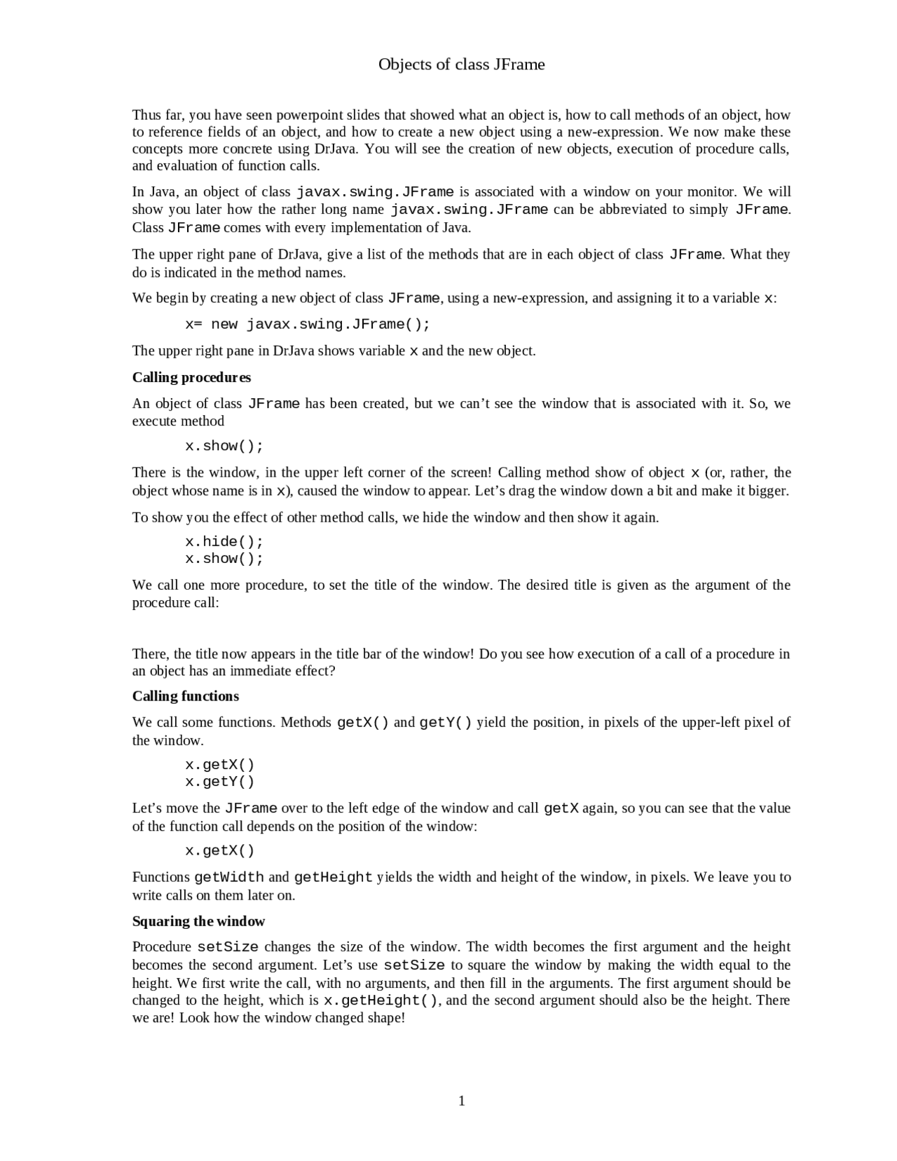Object of Class JFRame - Transition to Object-Oriented Programming | CS 1130 - Docsity