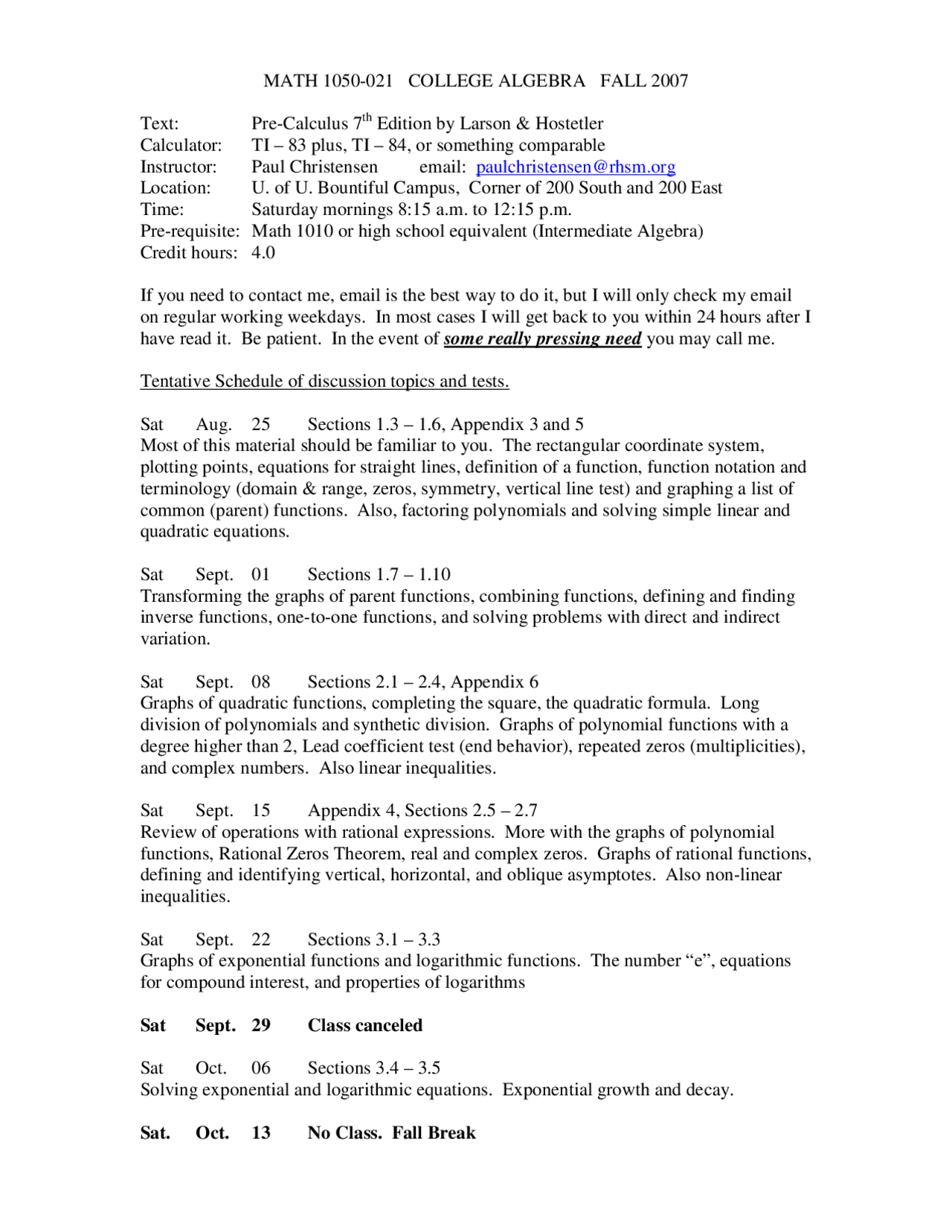 Tentative Schedule Of Discussion Topics And Exam Math 1050 Docsity