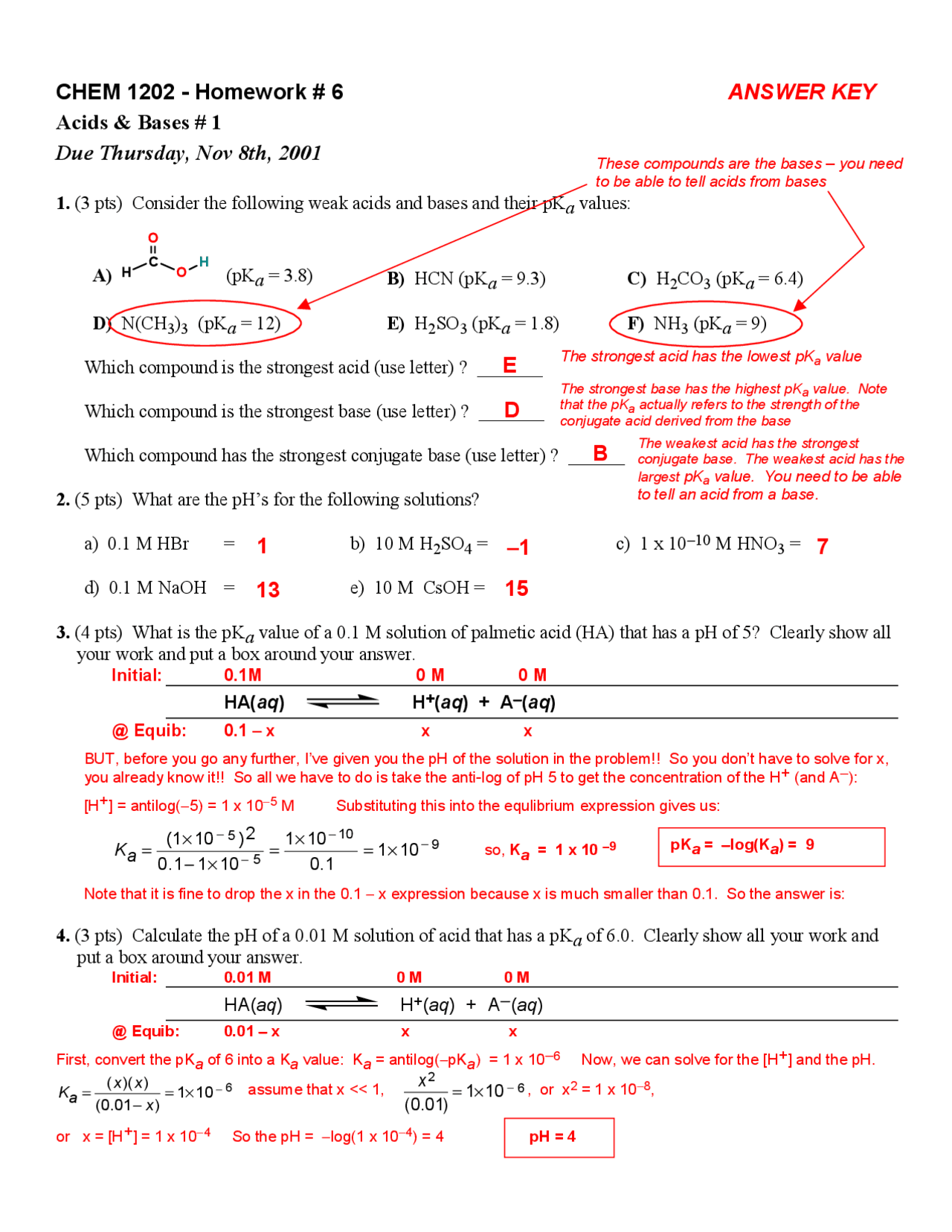 Acids and Bases - General Chemistry - Solved Homework | CHEM 1202 - Docsity
