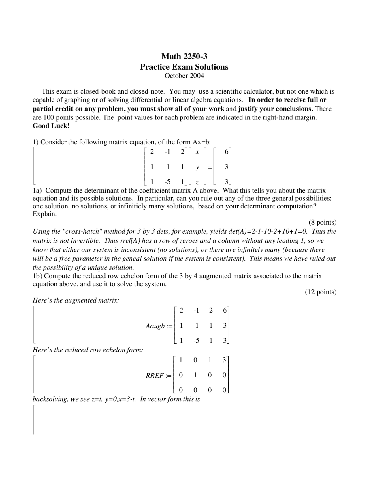 Practice Exam with Answers - Differential Equations and Linear Algebra | MATH 2250 | Exams ...