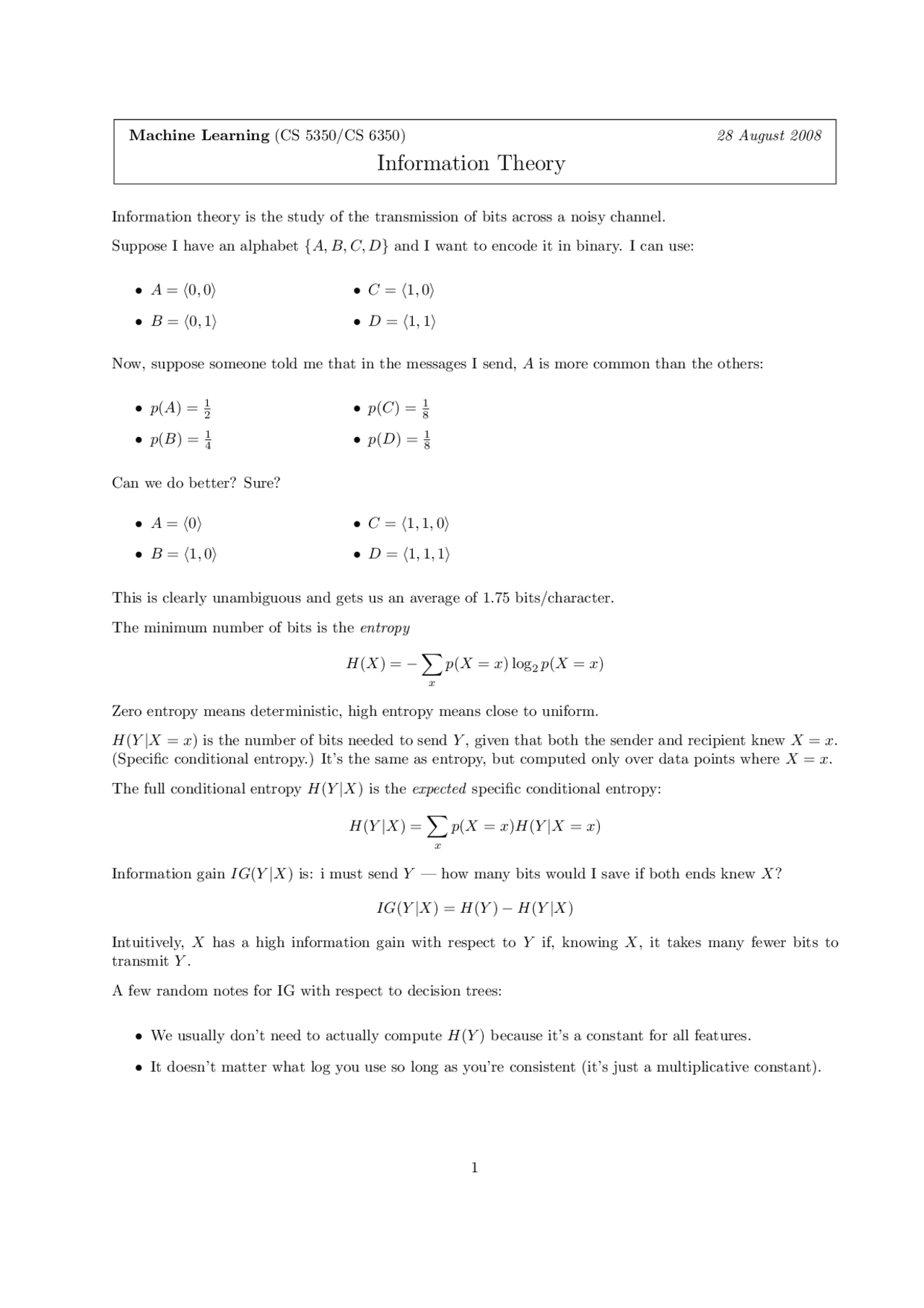 Information Theory Machine Learning Notes Cs 5350 Docsity