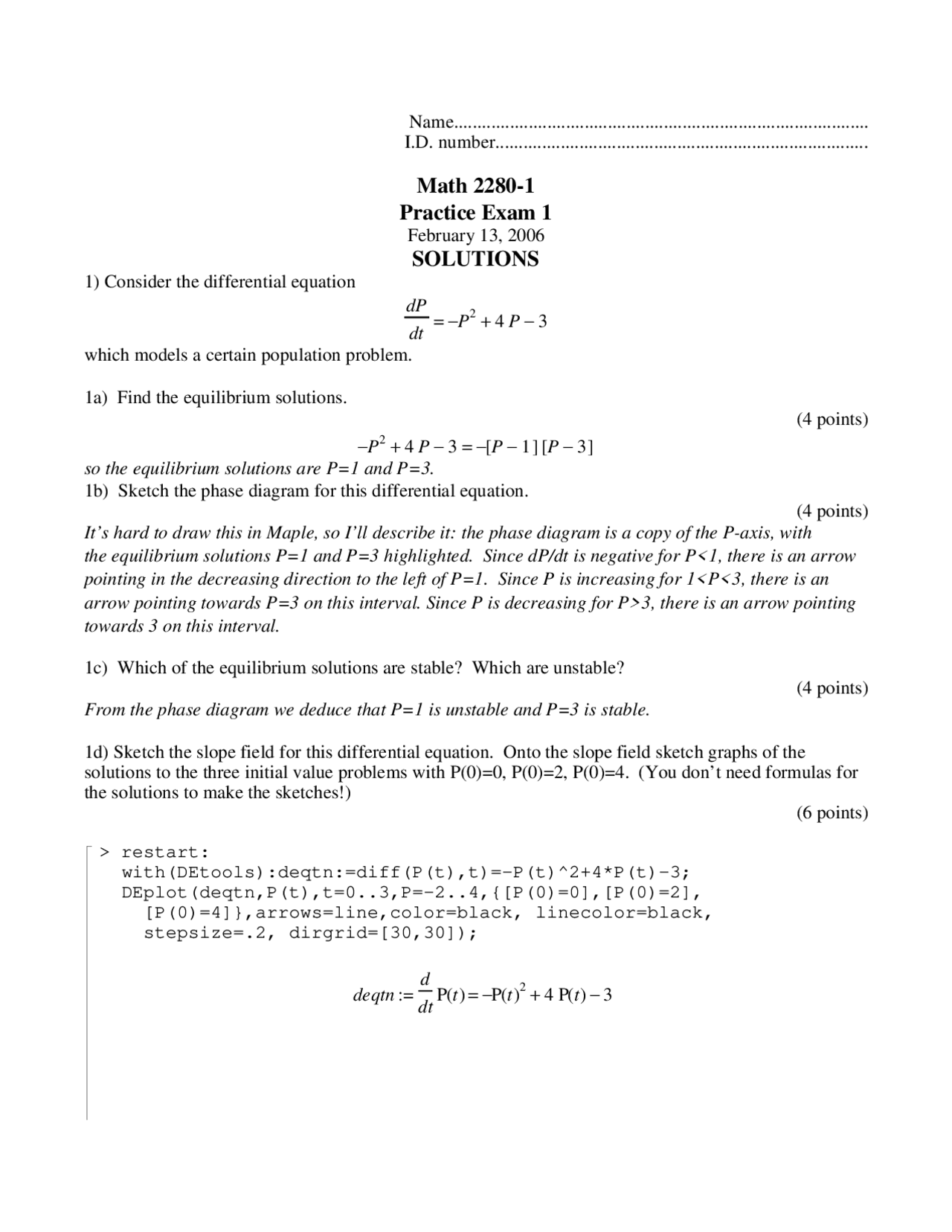 Solved Problems On Differential Equations Exam 1 Math 2280 Docsity