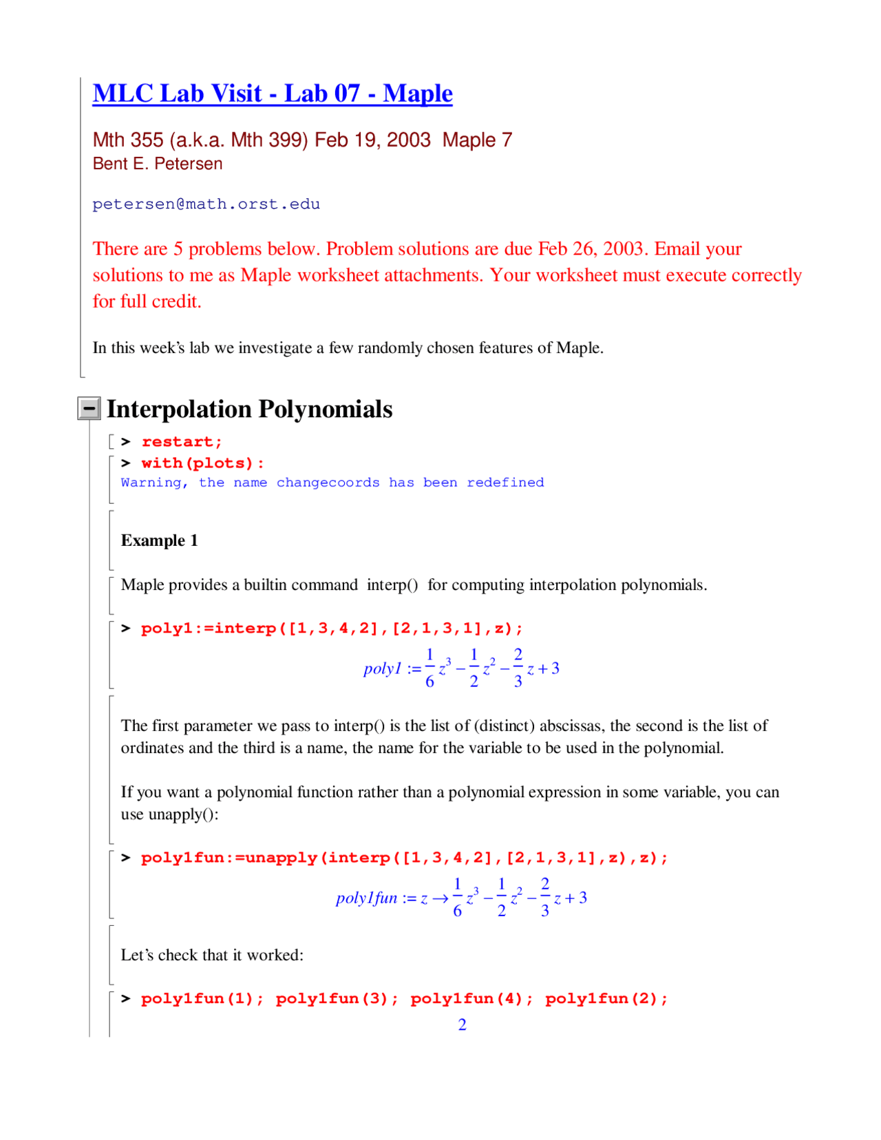 Mlc Lab Visit Discrete Mathematics Maple 7 Mth 355 Docsity