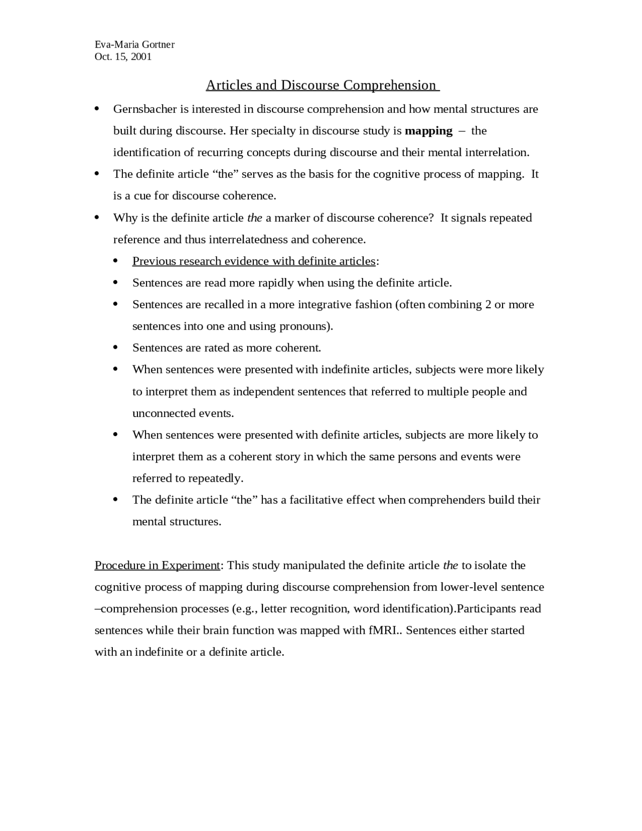 Articles and Discourse Comprehension - Notes - Fall 2001 | PSY 394V ...