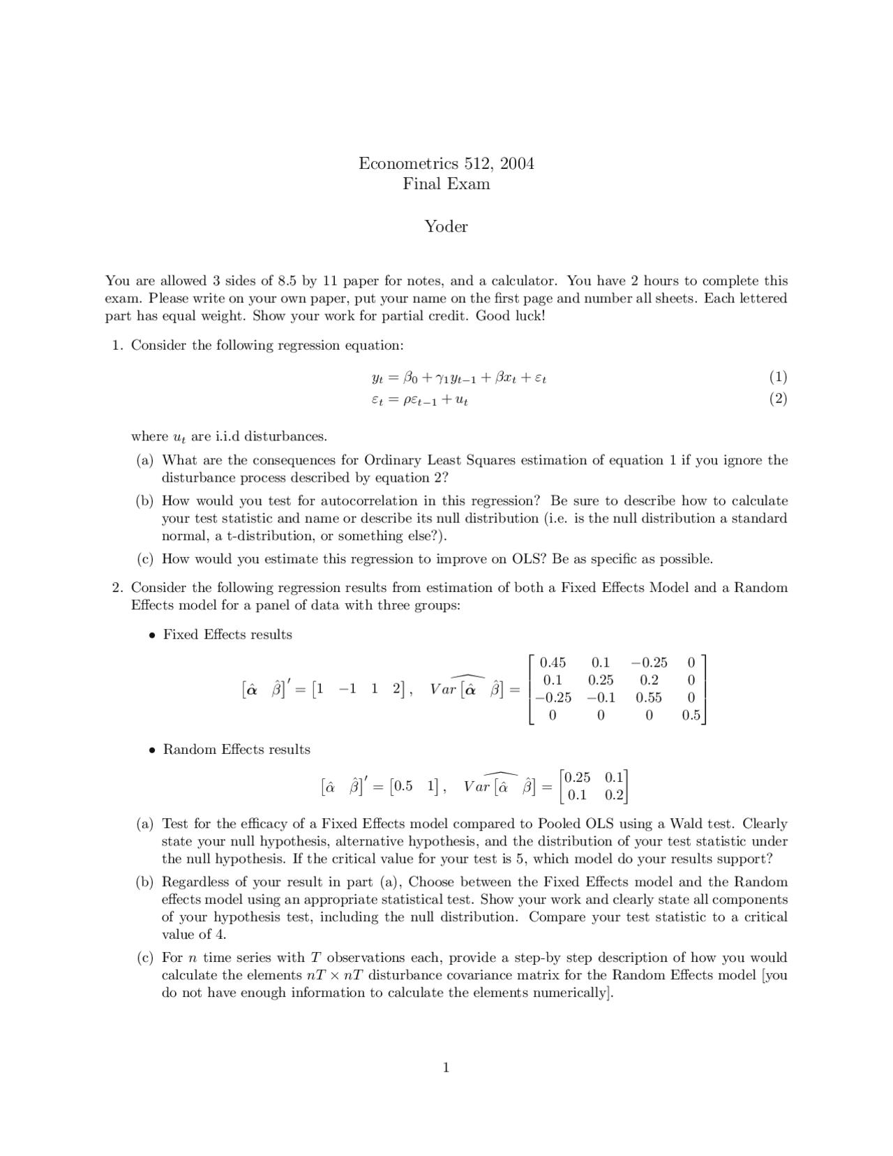 Practice Questions For Final Exam Econometrics Ii Econs 512 Docsity