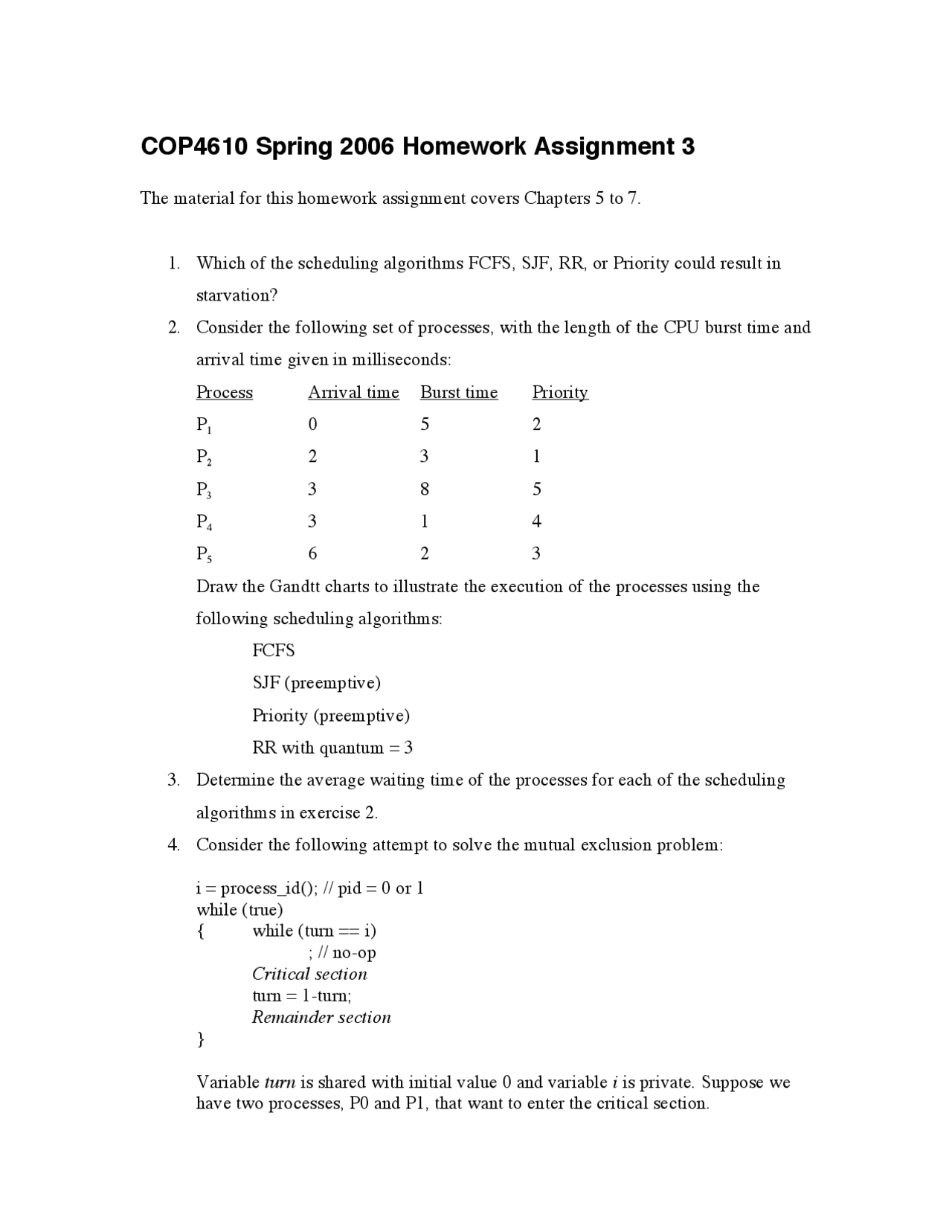 Homework Assignment 3 Operating Systems Cop 4610 Docsity