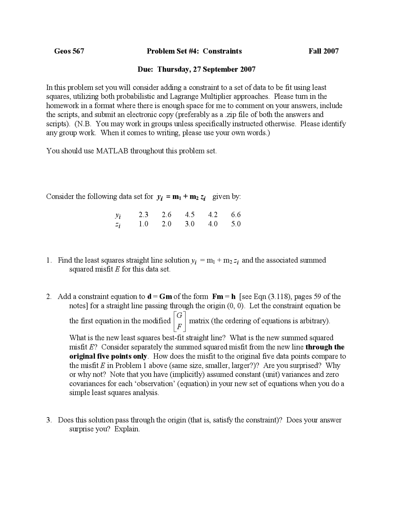 Problem Set 4 Constraints Inverse Problems In Geophysics Geos 567