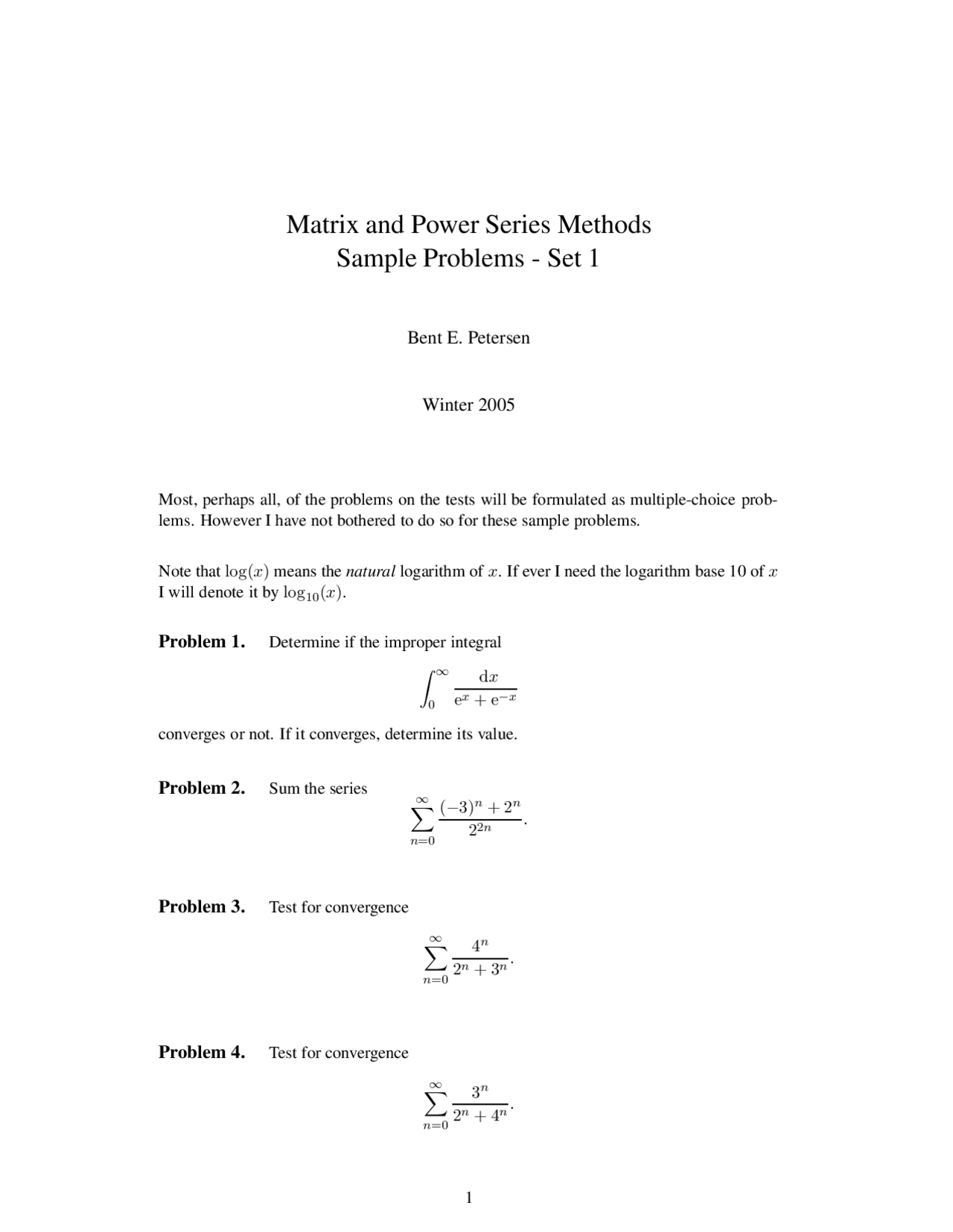 Sample Problems Set 1 Matrix And Power Series Methods Mth 306 Docsity