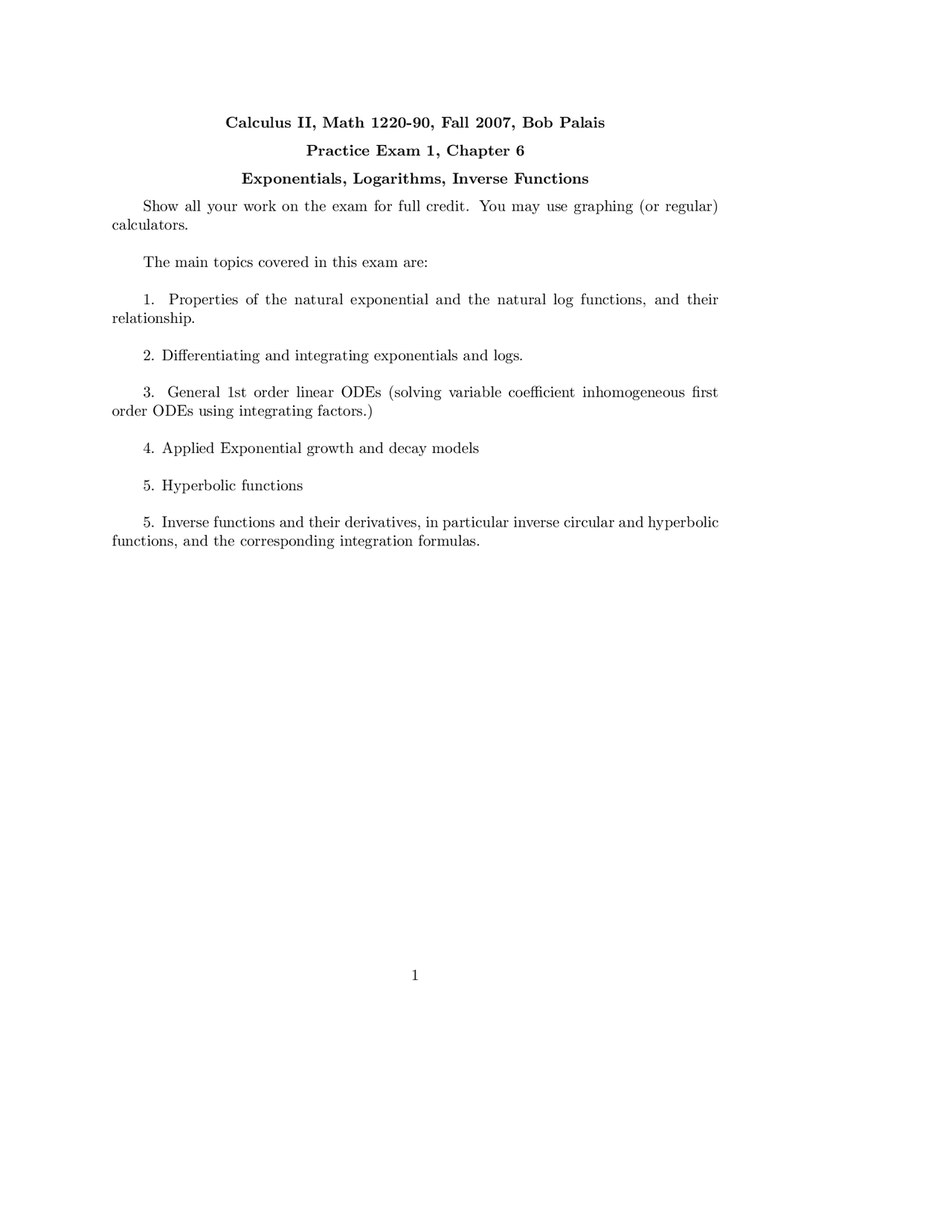 5 Questions on Exponentials, Logarithms, Inverse Functions - Exam 1 | MATH 1220 - Docsity