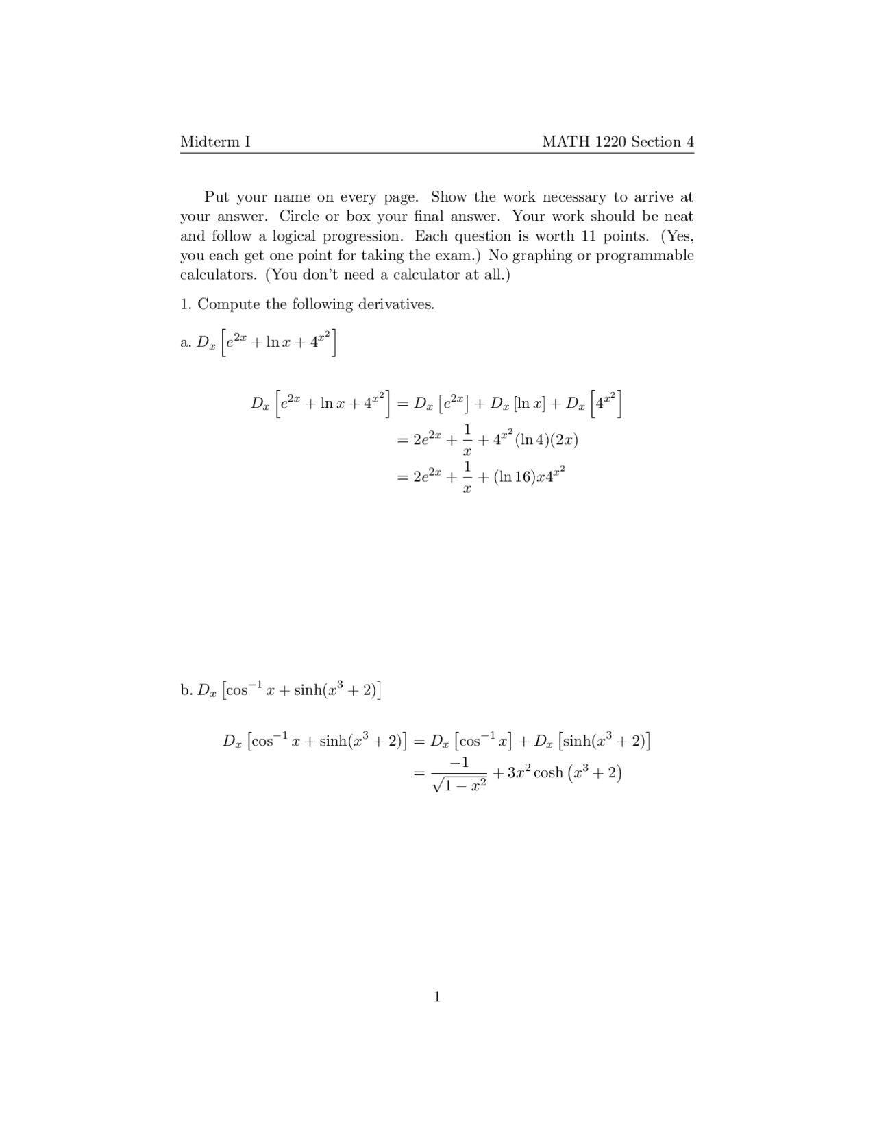 9 Solved Problems On Calculus Ii Midterm Examination 1 Math 1220 Docsity