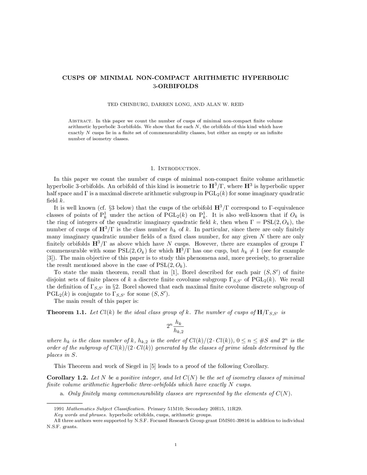 Cusps Of Minimal Non Compact Arithmetic Hyperbolic S W 1 Docsity