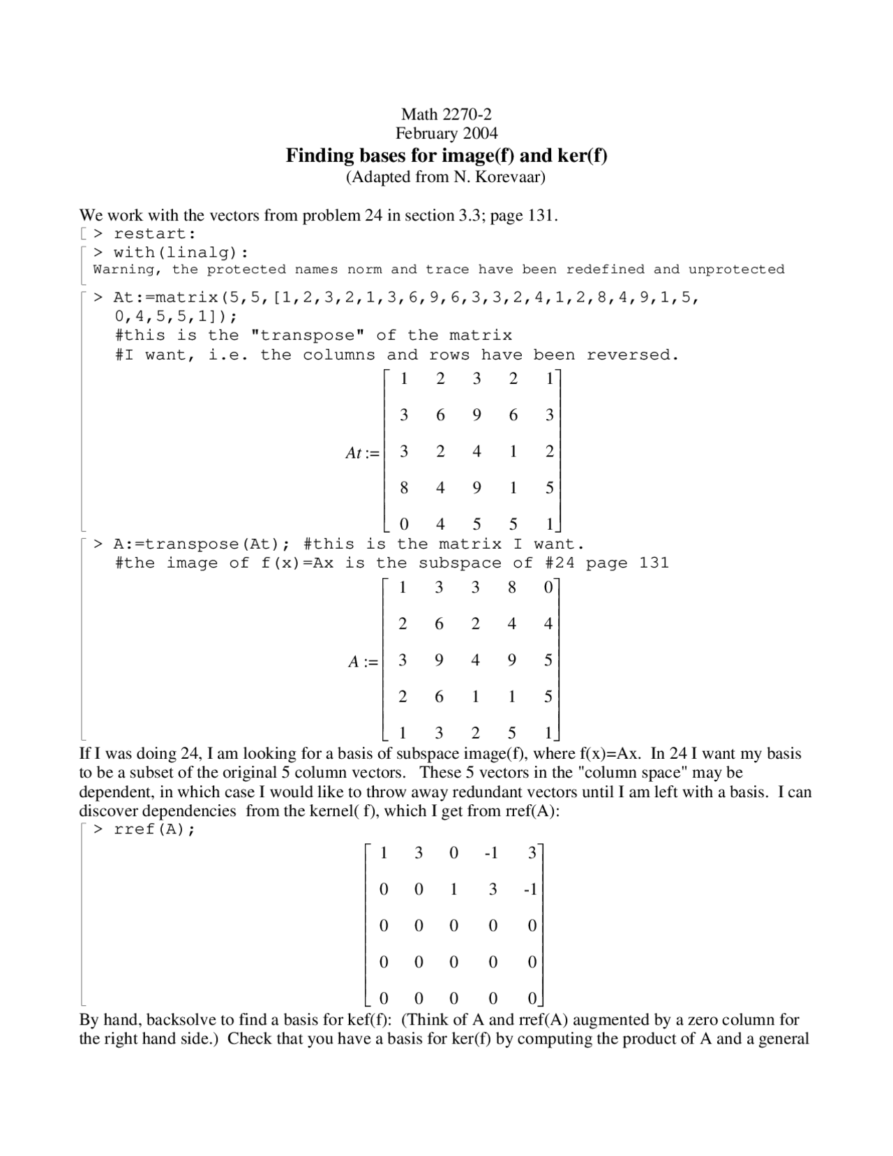 Linear Algebra - Finding Bases for Image and Ker | MATH 2270 - Docsity