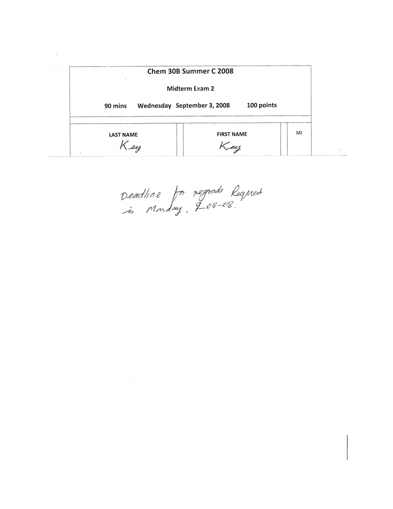 Midterm Exam Answer Key - 2008 | CHEM 30B - Docsity
