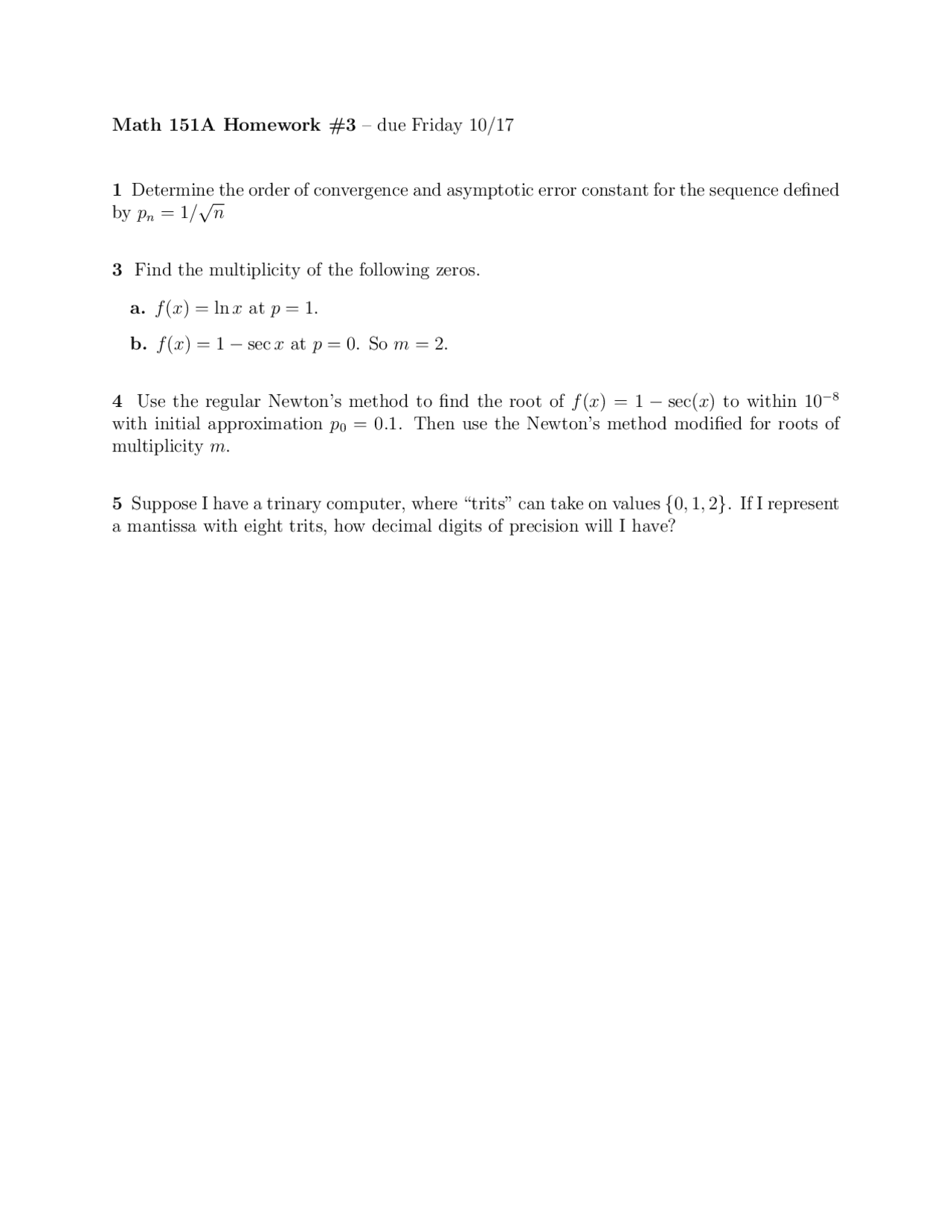 Problem Set 3 - Applied Numerical Methods | MATH 151A - Docsity