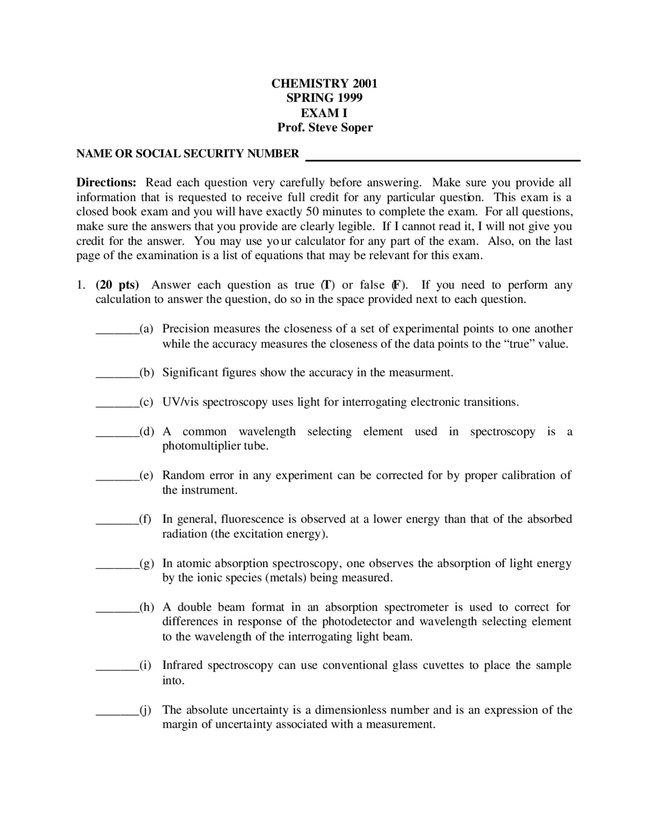 Exam 1 With Questions Analytical Chemistry Chem 2001 Docsity
