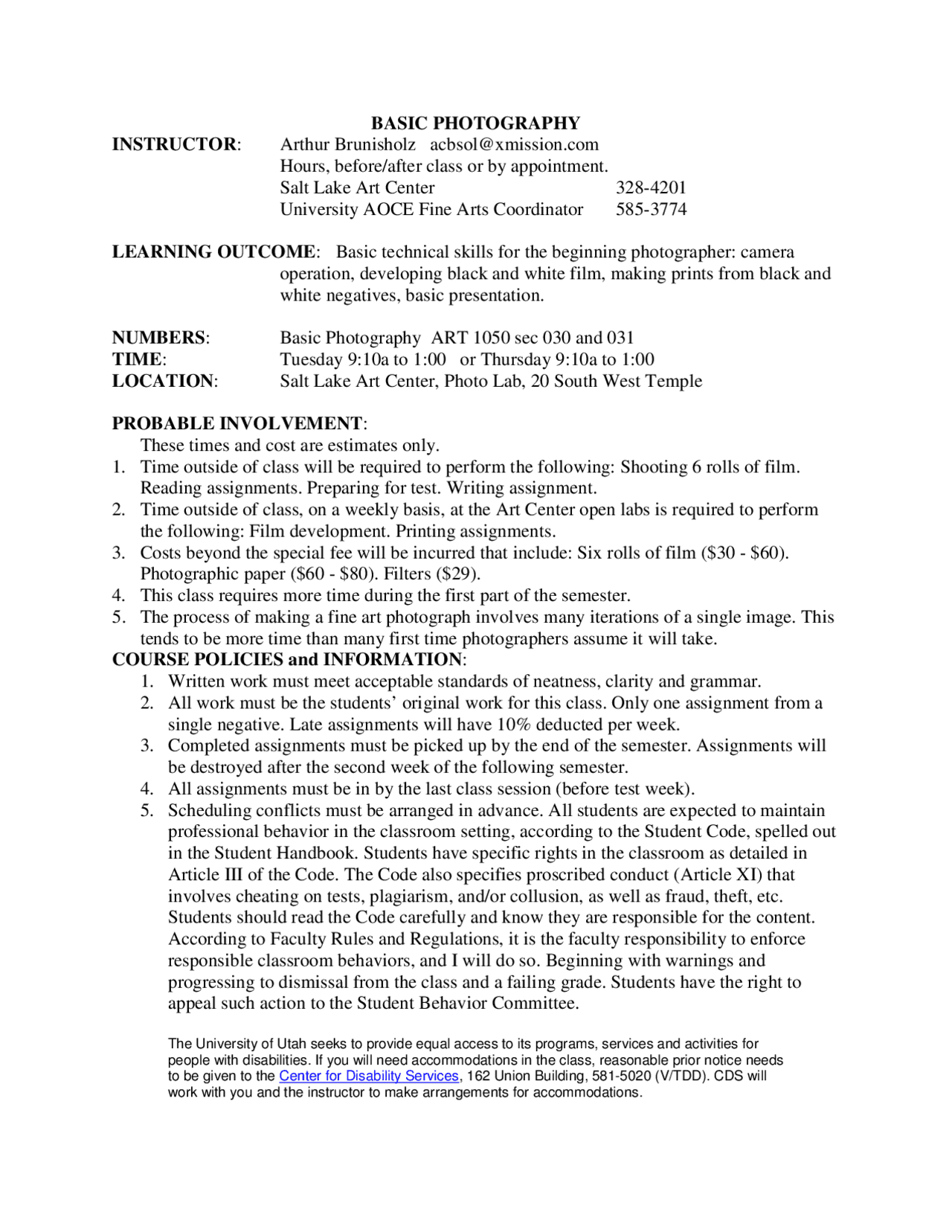 Introductory Course, Syllabus for Introduction to Photography | ART ...