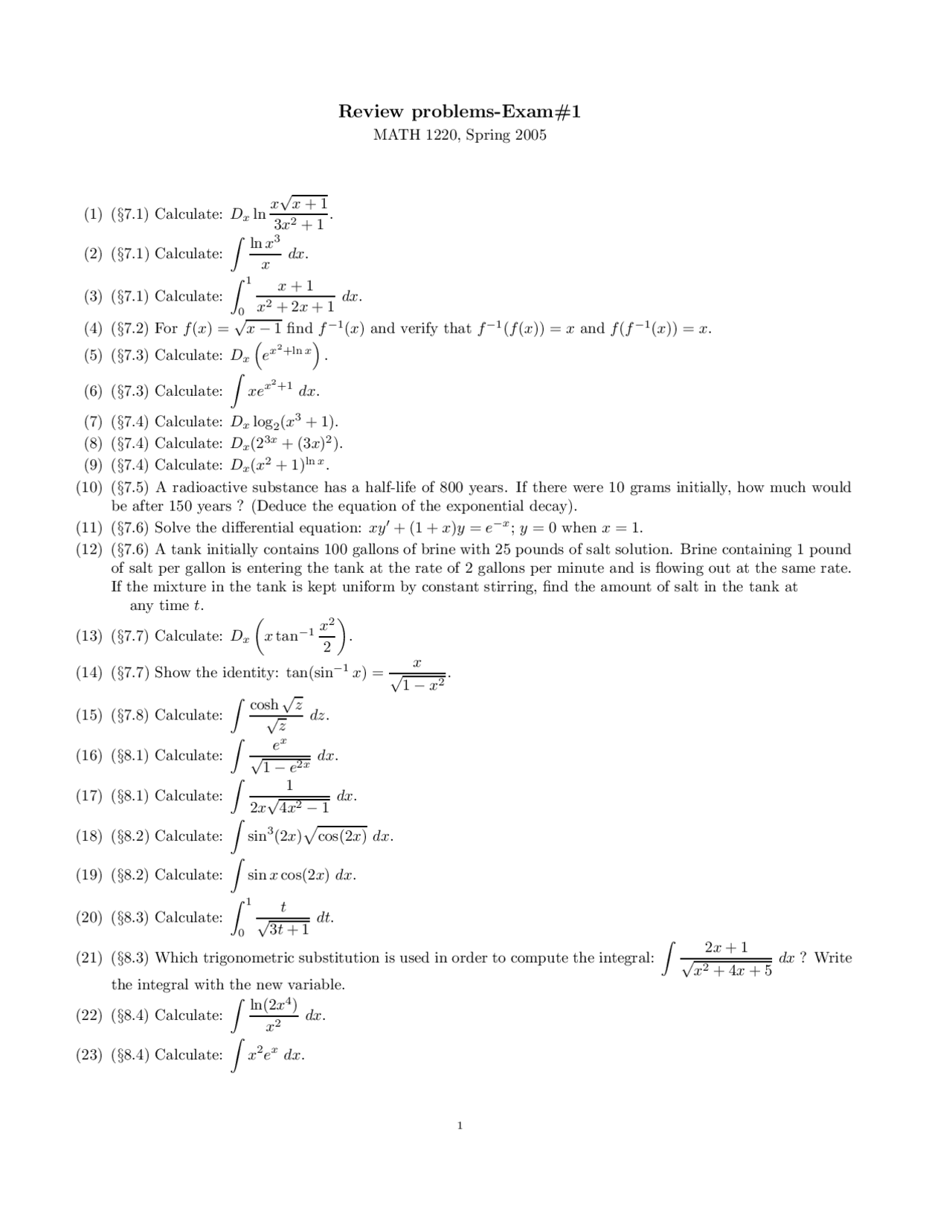 Review Problems for Exam I - Calculus II | MATH 1220 - Docsity