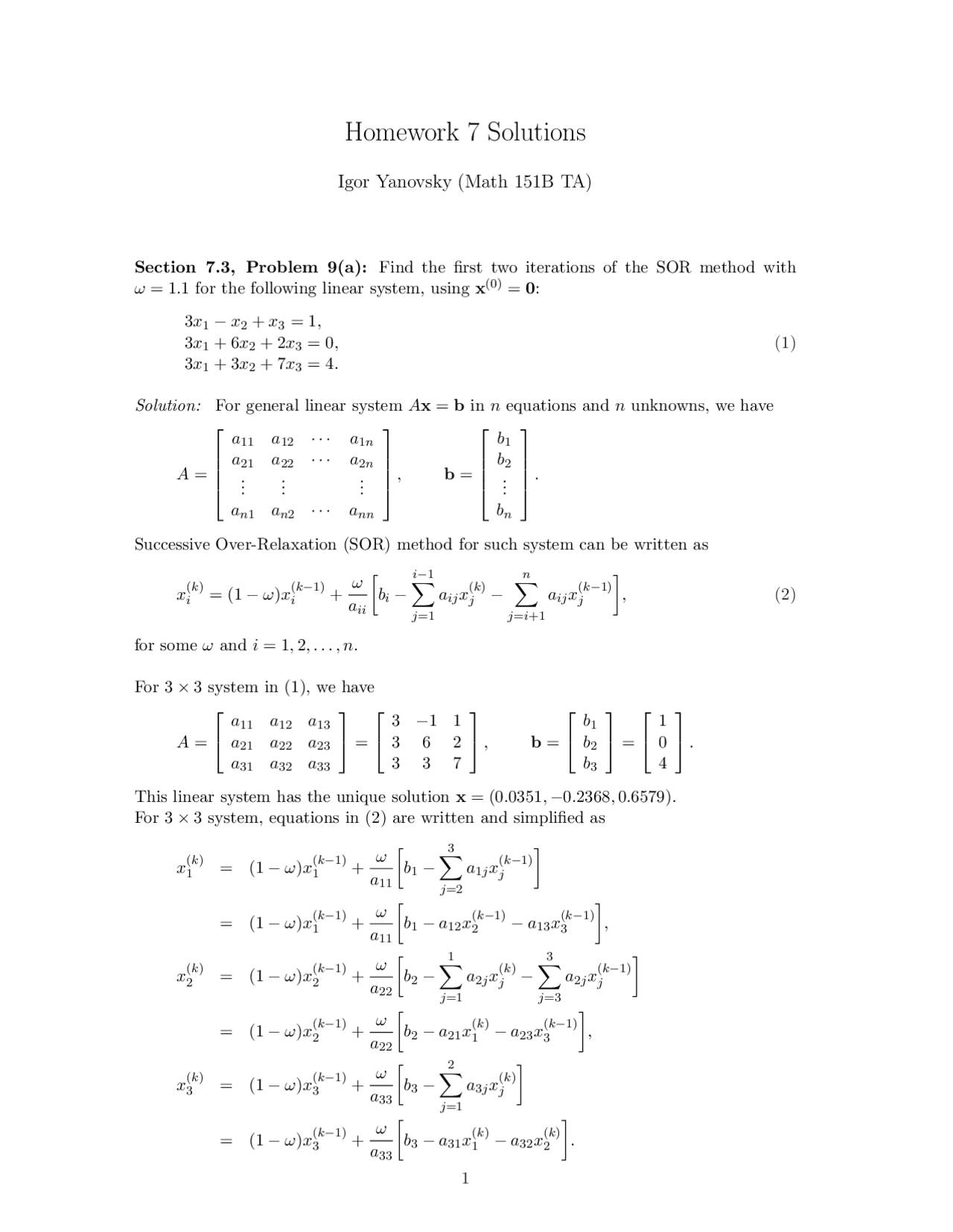 Applied Numerical Methods Solutions For Homework 7 Math 151a Docsity