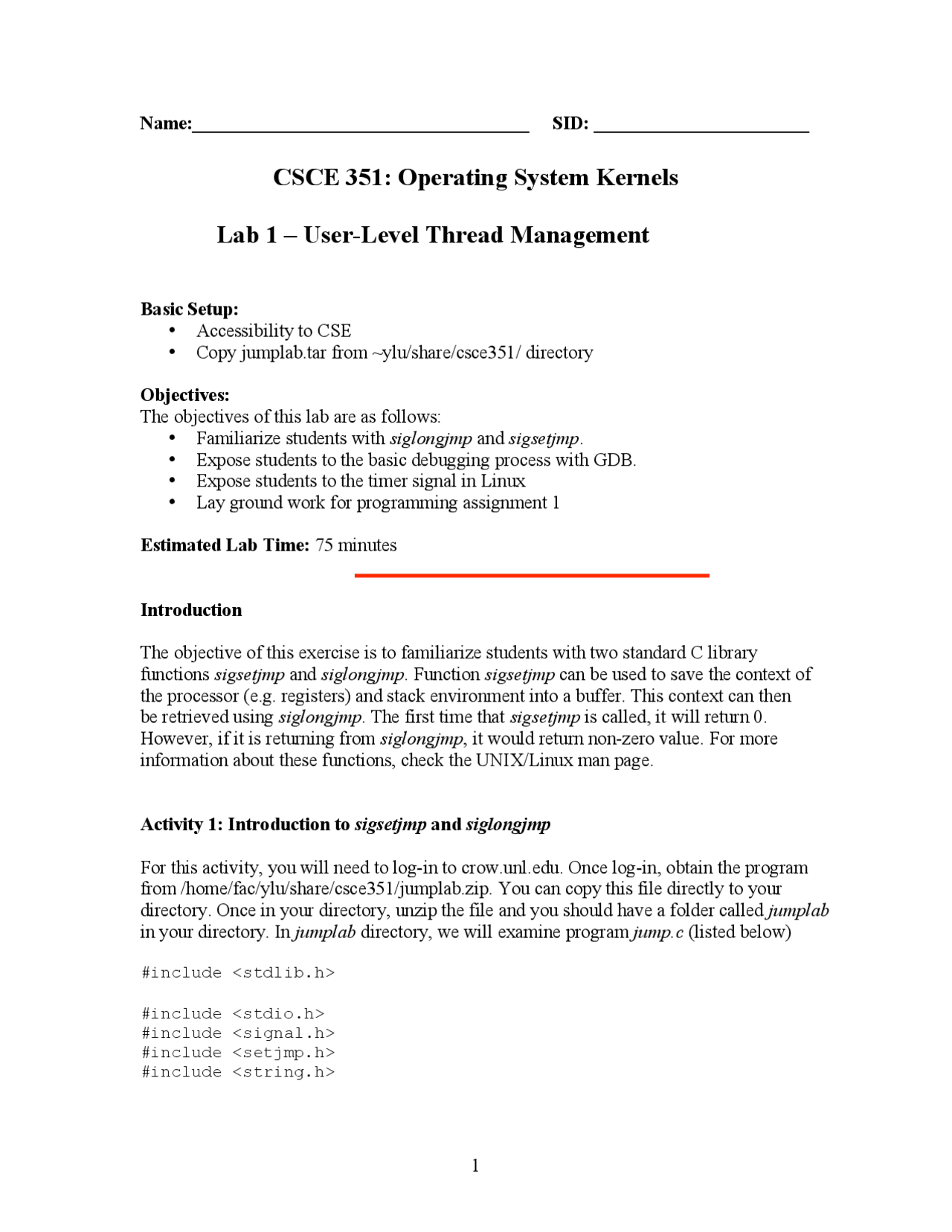 Lab 1 User Level Thread Management Operating System Kernels Csce 351 Docsity