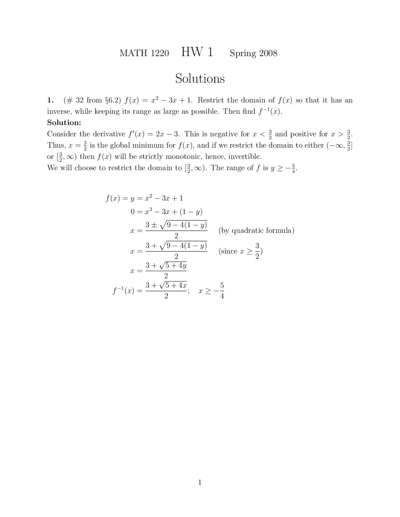 Homework 1 With Solutions Calculus Ii Math 1220 Docsity