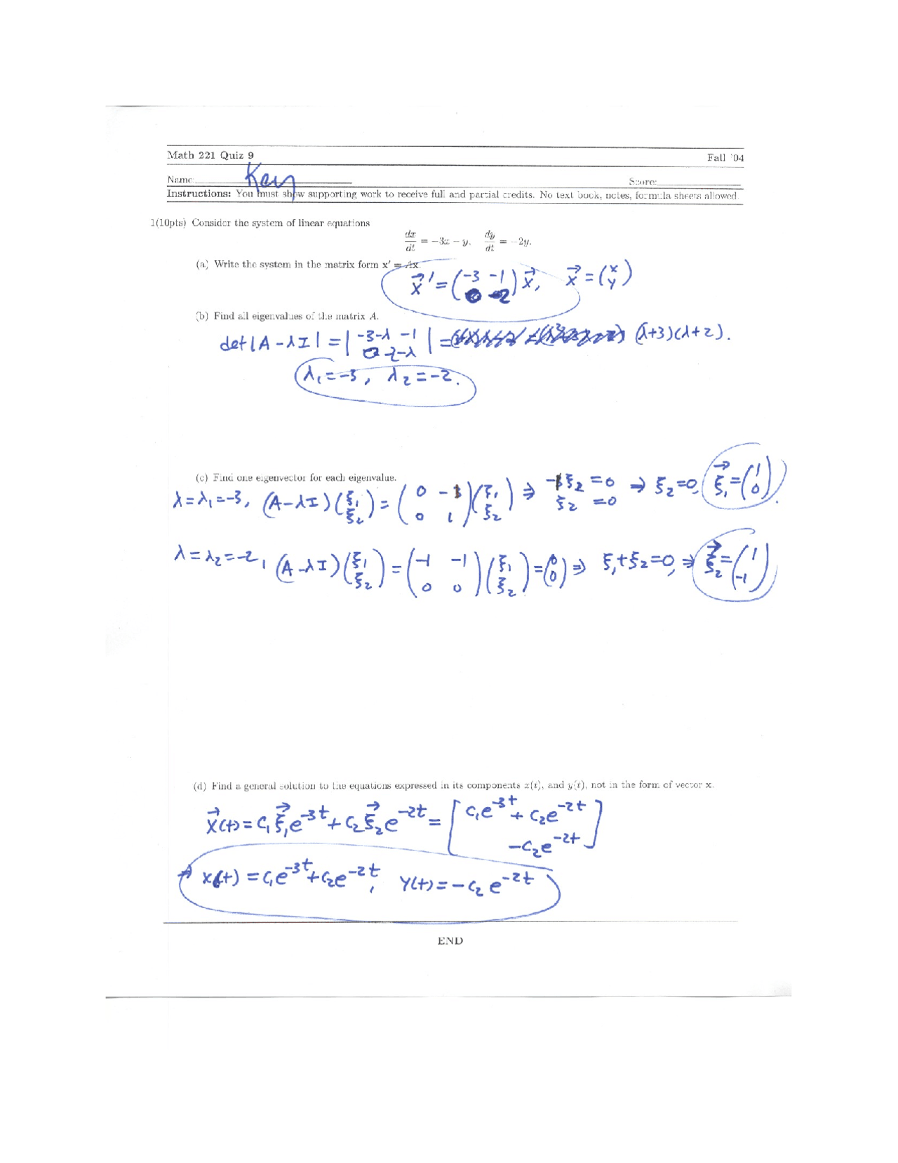 Solutions To Quiz 9 Differential Equations Math 221 Docsity