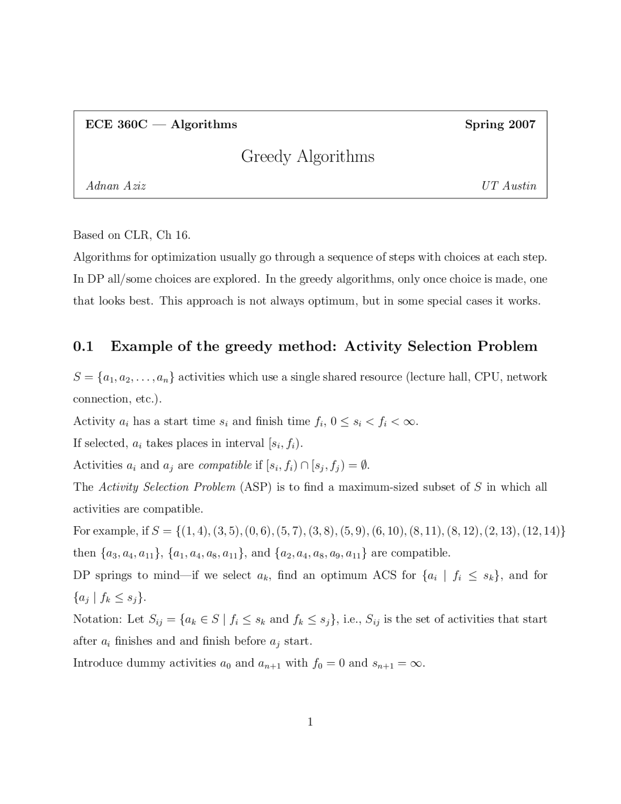 Greedy Algorithms - Lecture Notes - Spring 2007 | N 1 | Study notes ...