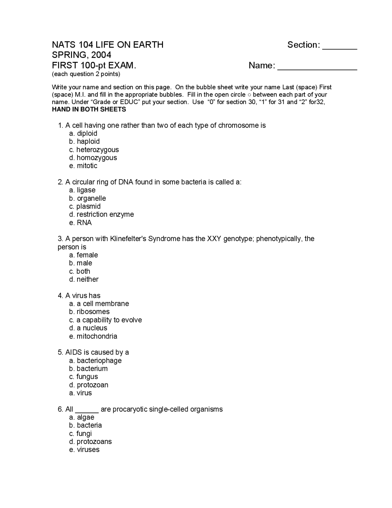 50 Multiple Choice Questions On Biological Sciences Exam 1 Nats 104