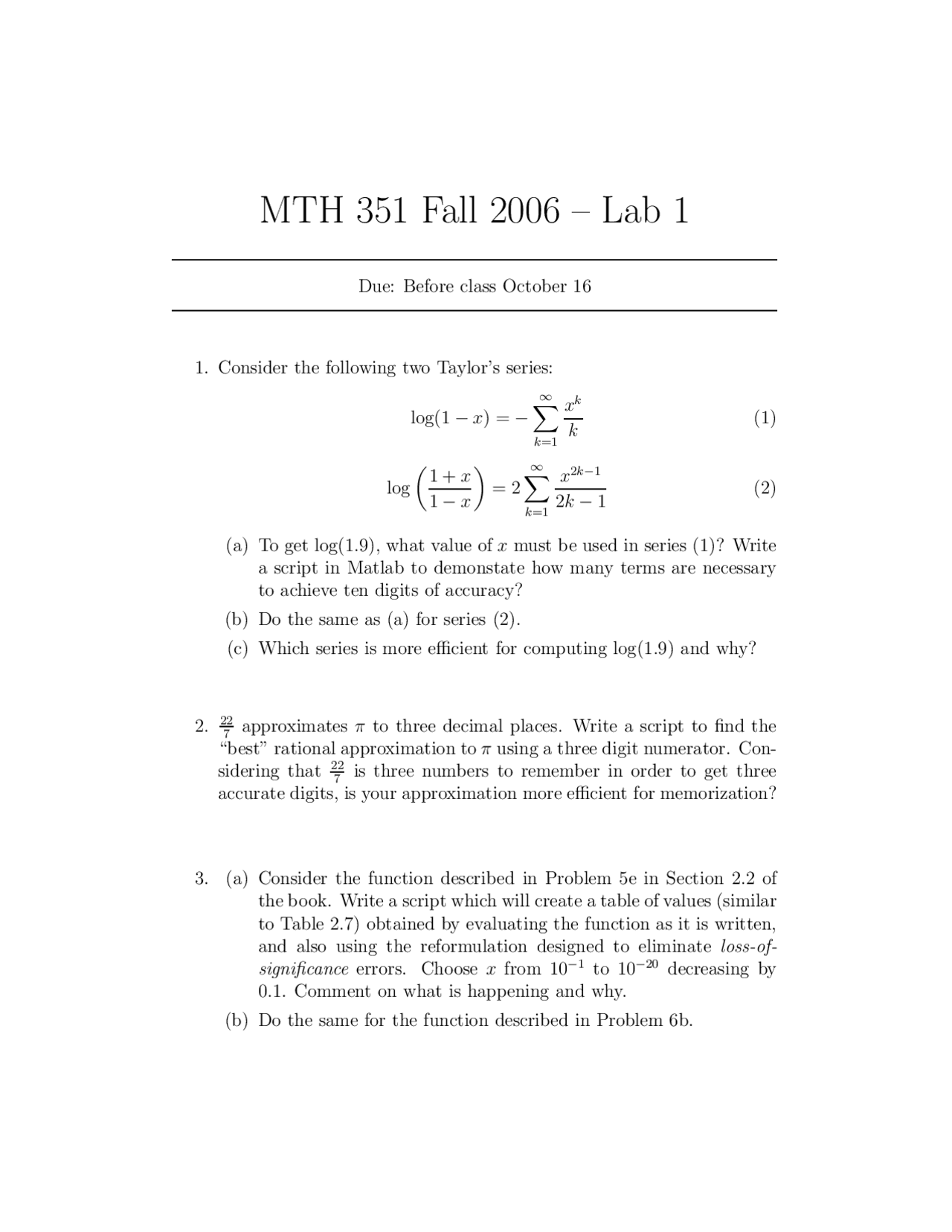 Mth 351 Lab 1 Calculating Logarithms And Approximating Pi Prof N