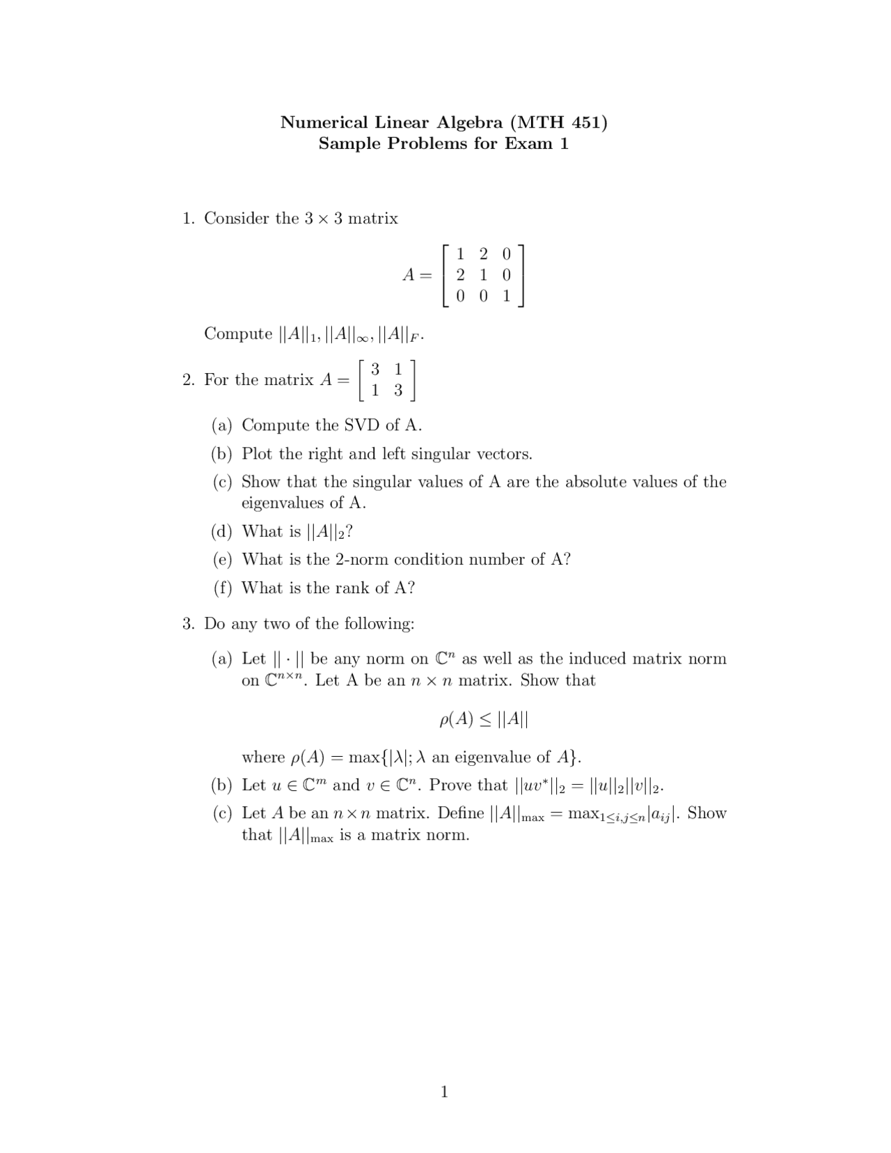 Sample Problems for Exam 1 - Numerical Linear Algebra | MTH 451 | Exams Linear Algebra | Docsity