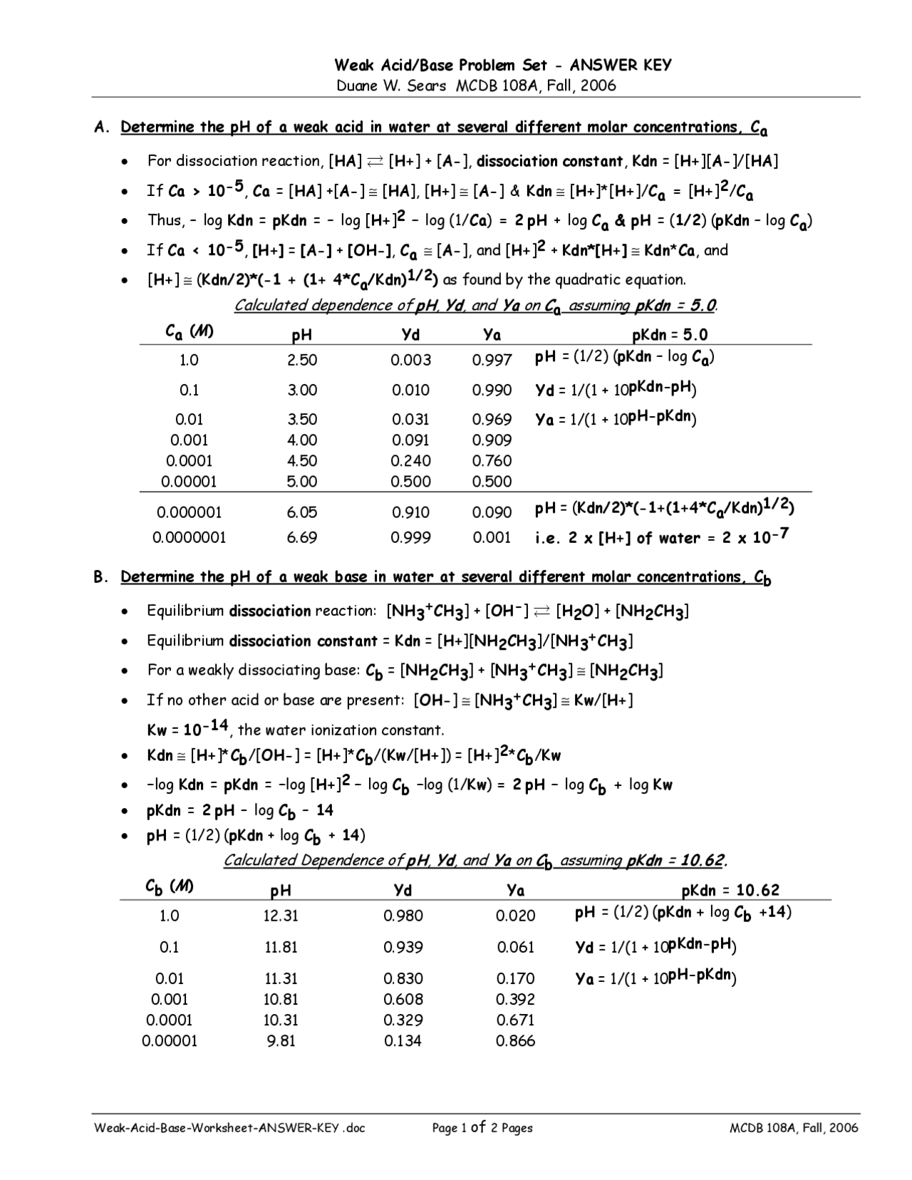 Weak Acidbase Problem Set Solutions General Biochemistry Mcdb 108a