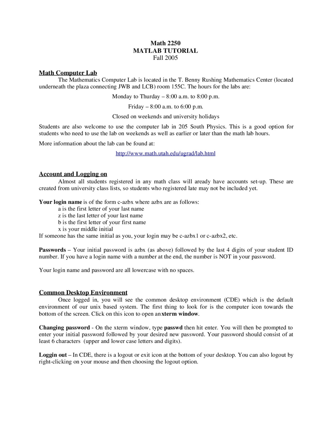 MATLAB Tutorial - Linear Algebra and Differential Equations | MATH 2250 - Docsity