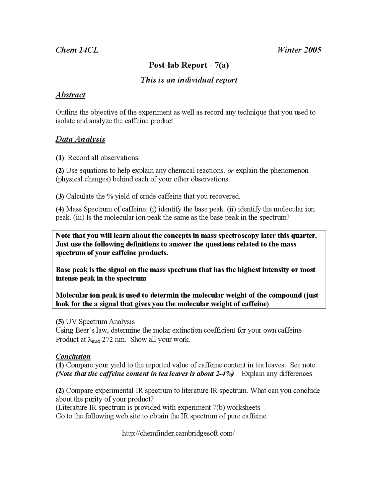 General and Organic Chemistry Laboratory I - Post-Lab Report 7 | CHEM ...