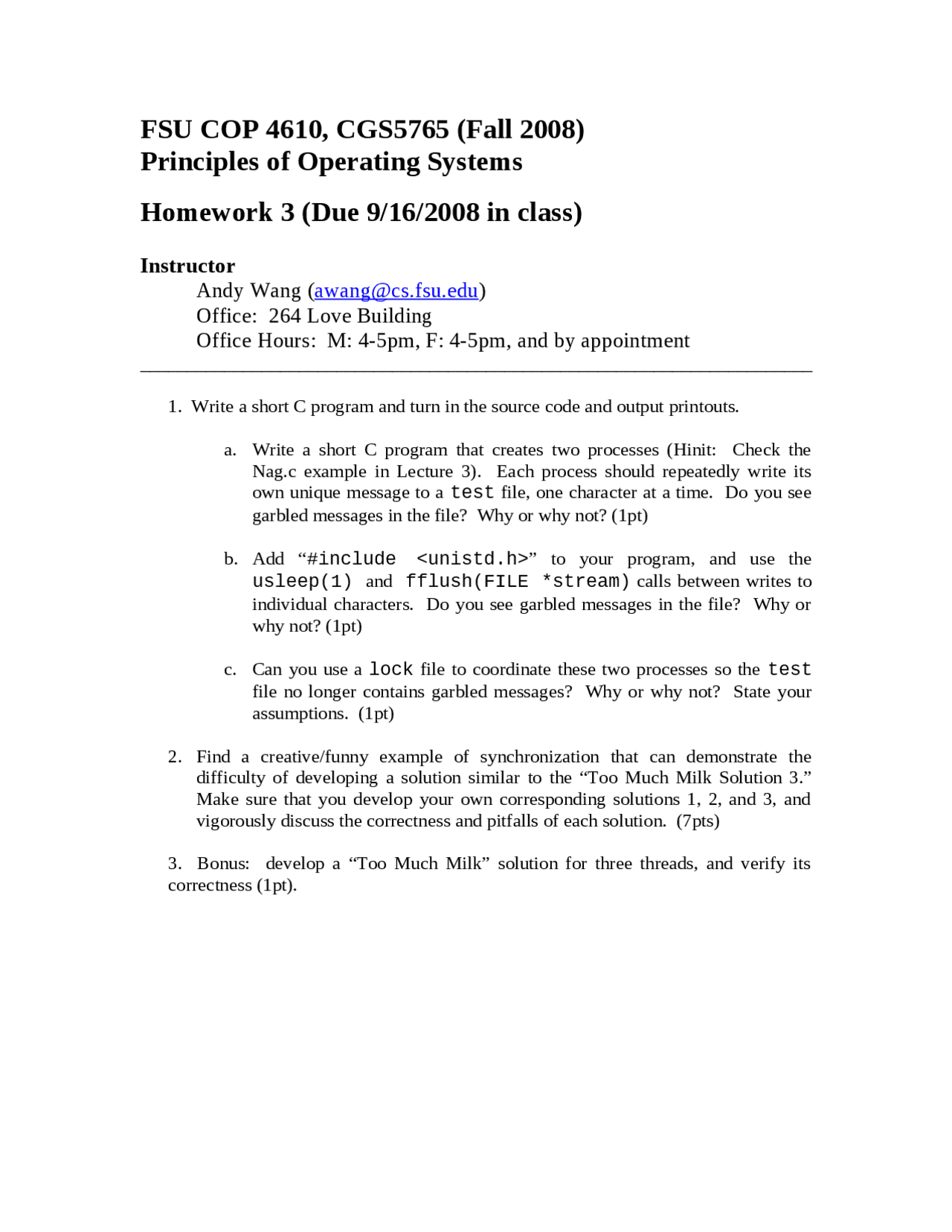 Homework 3 Principles Of Operating System Cop 4610 Docsity