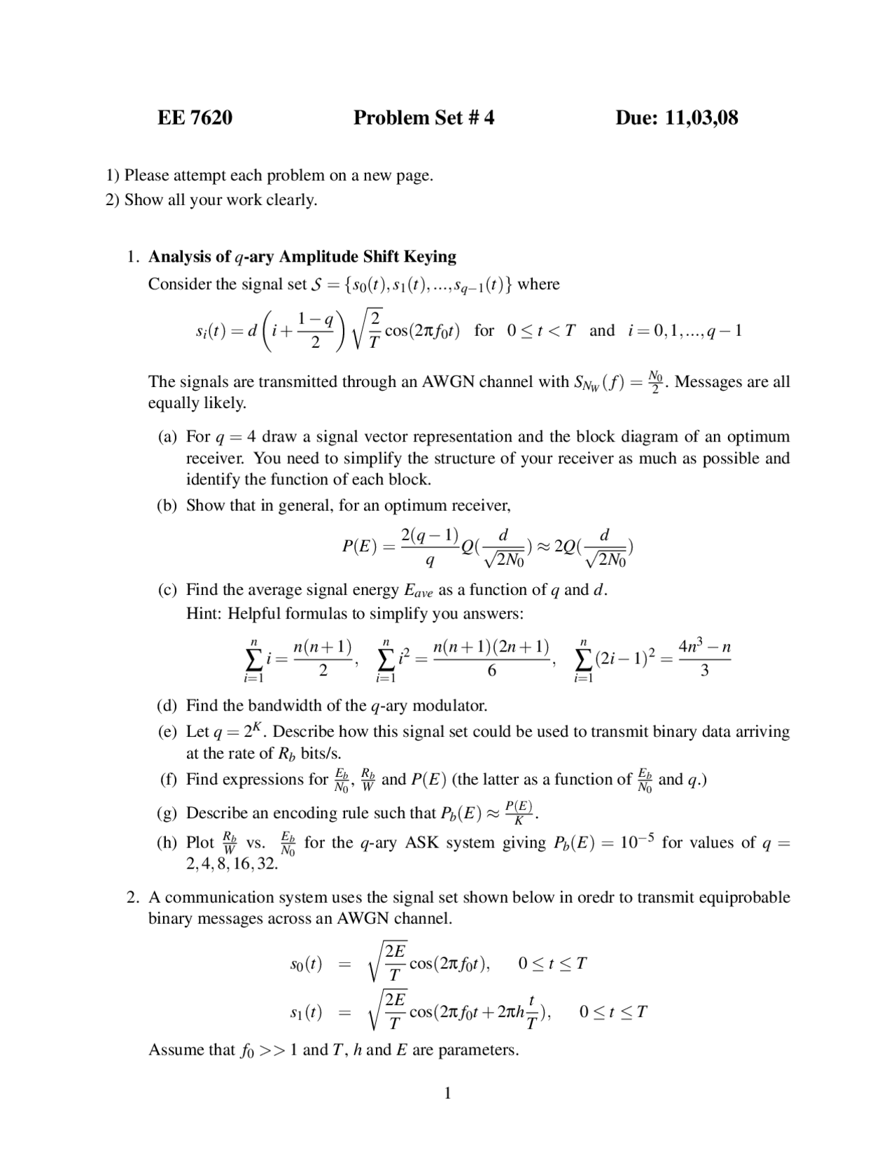 Problem Set 4 - Digital Communication | EE 7620 - Docsity