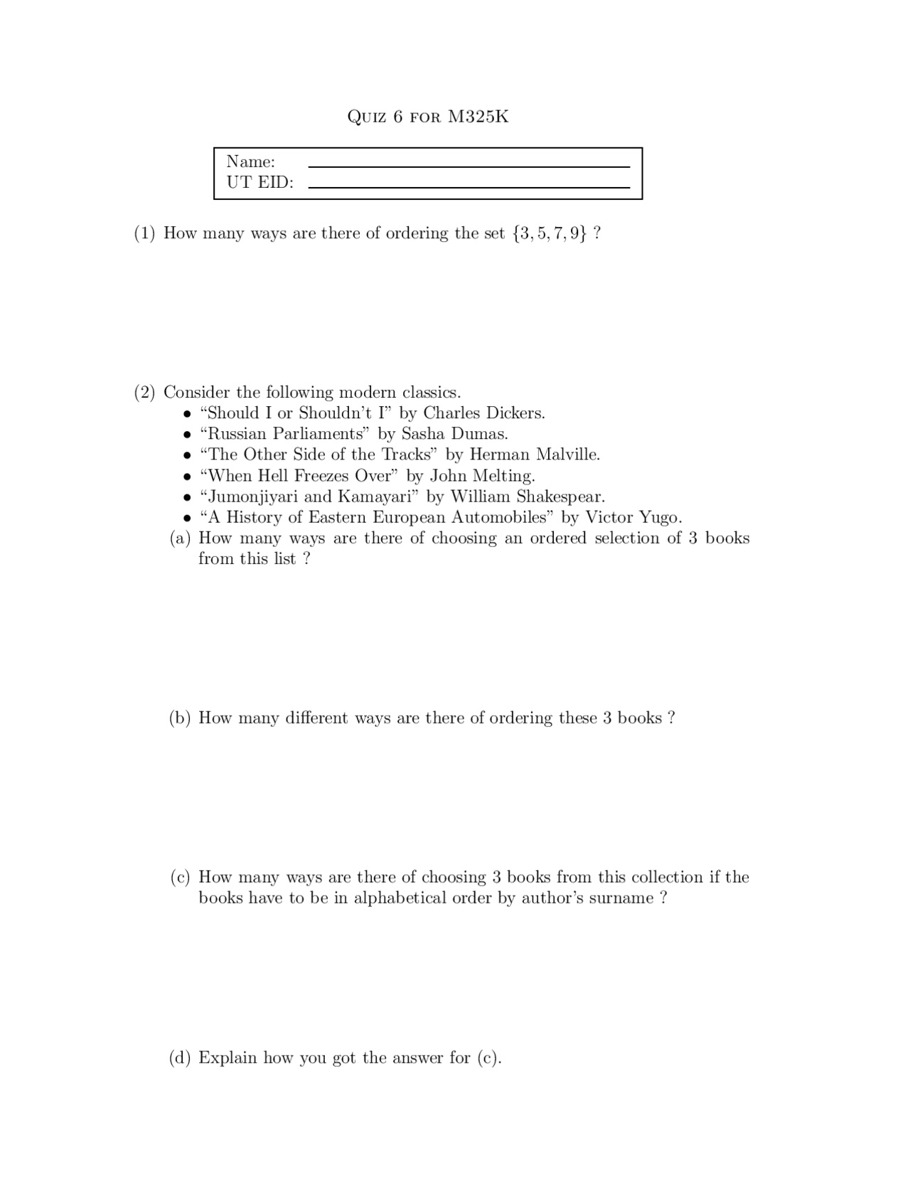Quiz 6 Unsolved Questions For Discrete Mathematics M 325k Docsity