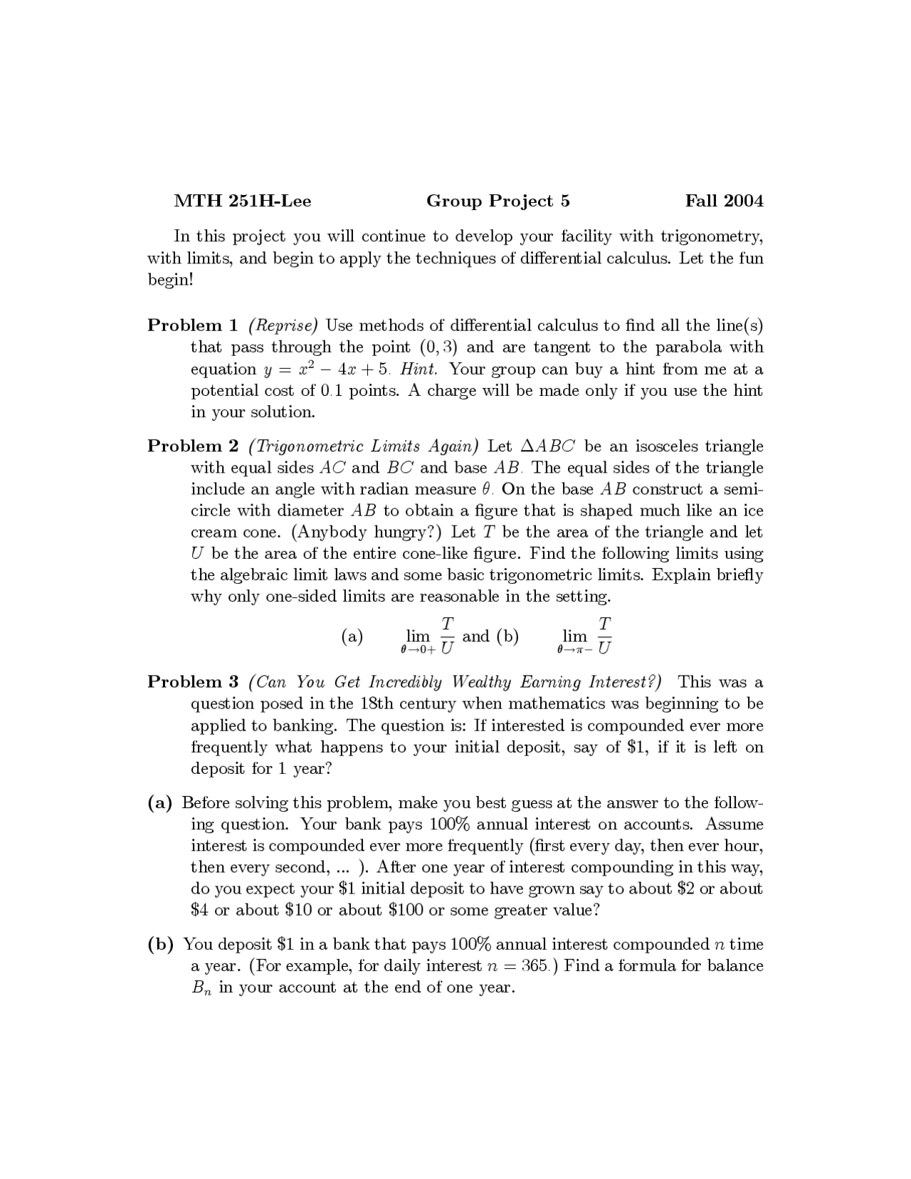 Group Project 5 Differential Calculus Fall 2004 Mth 251 Docsity